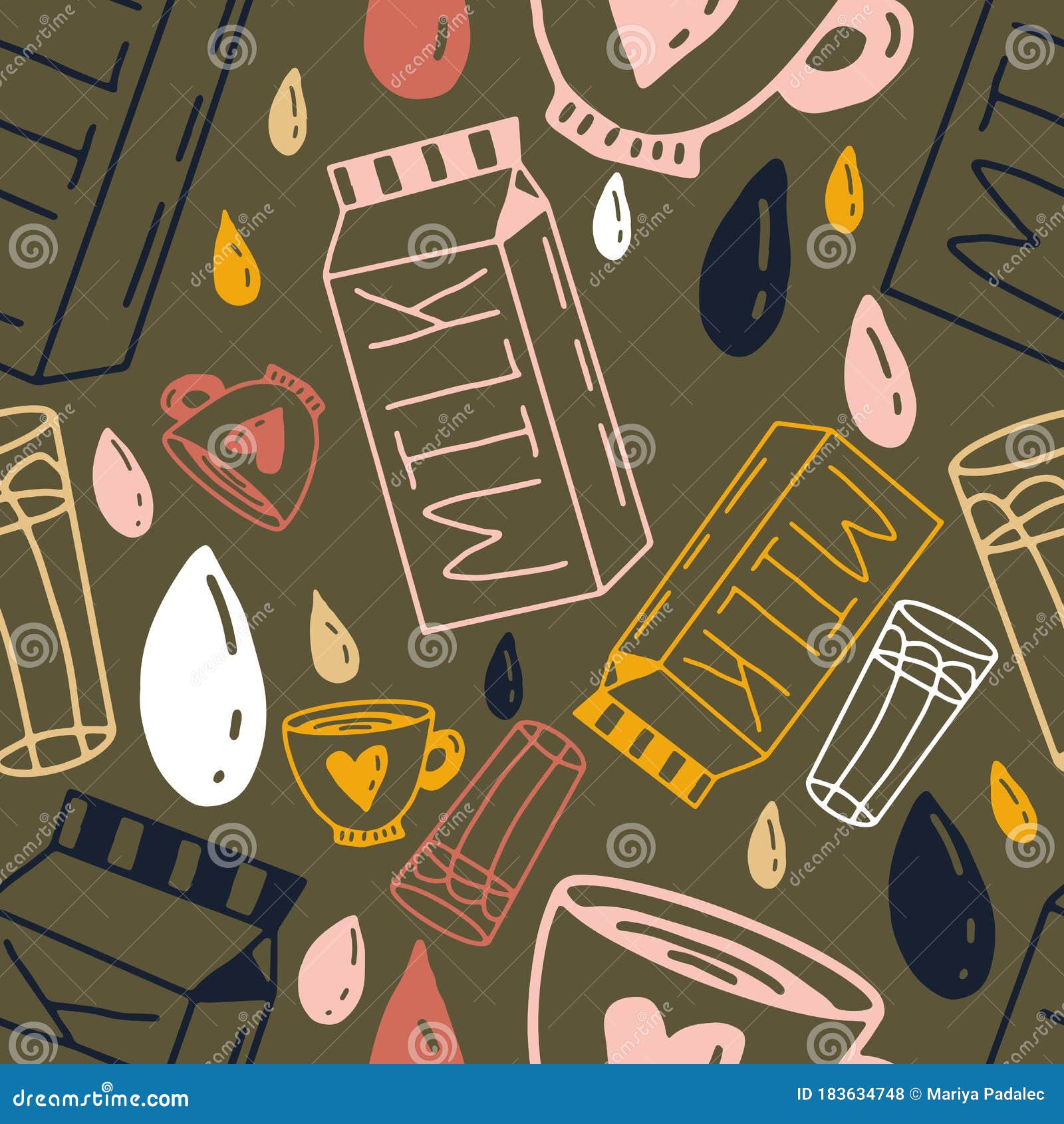 Doodle Seamless Milk Pattern. Print Abstract on Hakki Background, Hand ...
