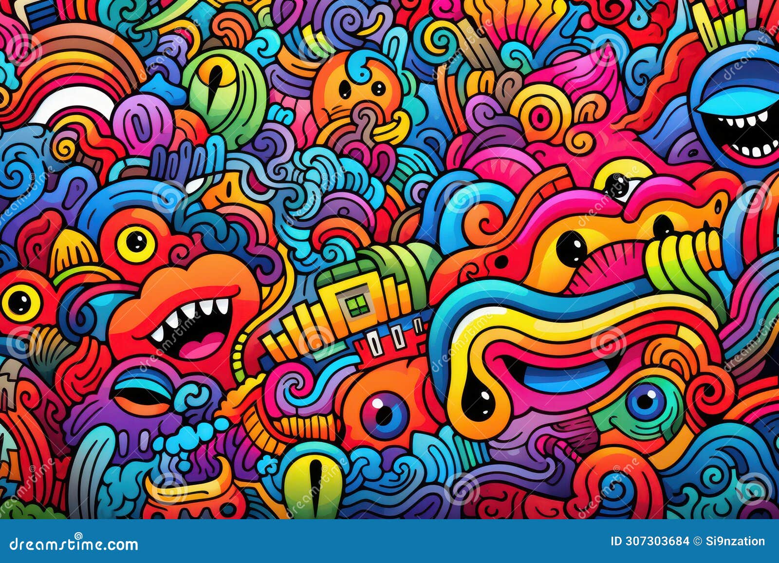 Doodle Pop Art Seamless Pattern. Crazy Color Palette. Psychedelic ...