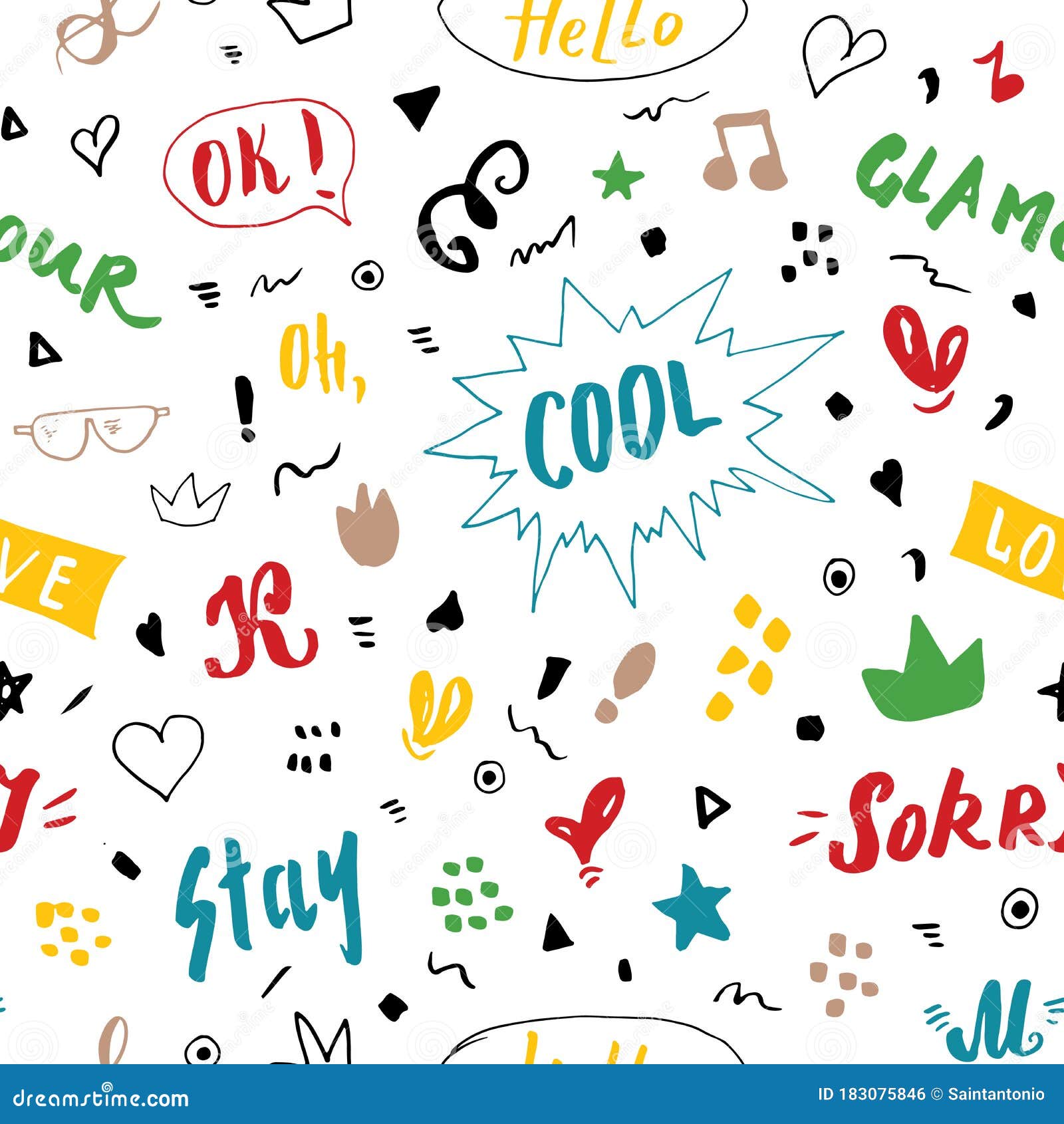 Doodle Seamless Pattern, Hand Drawn Pop Art Signs and Symbols ...