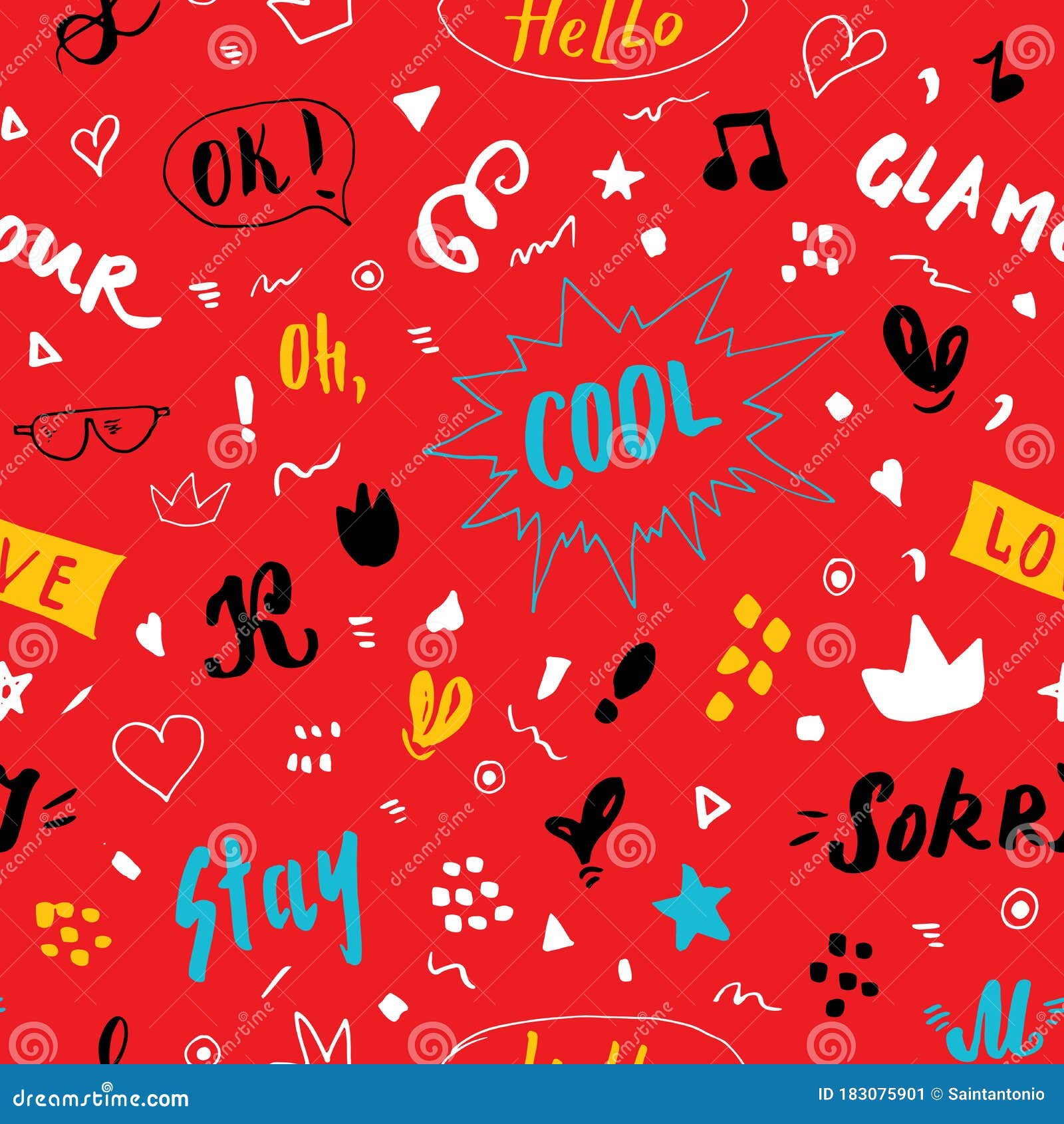 Doodle Seamless Pattern, Hand Drawn Pop Art Signs and Symbols ...
