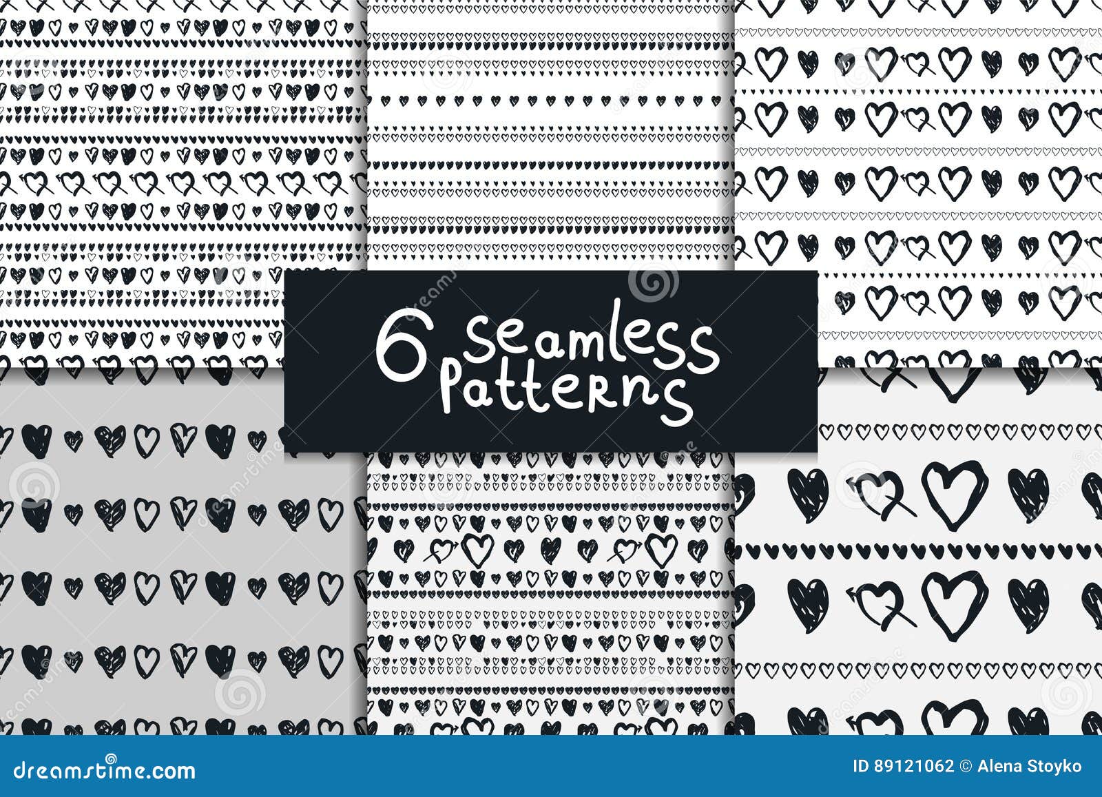 Doodle Seamless Pattern Set with Hearts Stock Vector - Illustration of ...