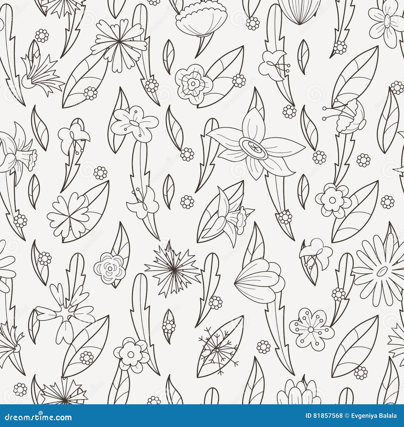 Doodle Seamless Pattern with Various Doodle Flowers, Leaves and ...