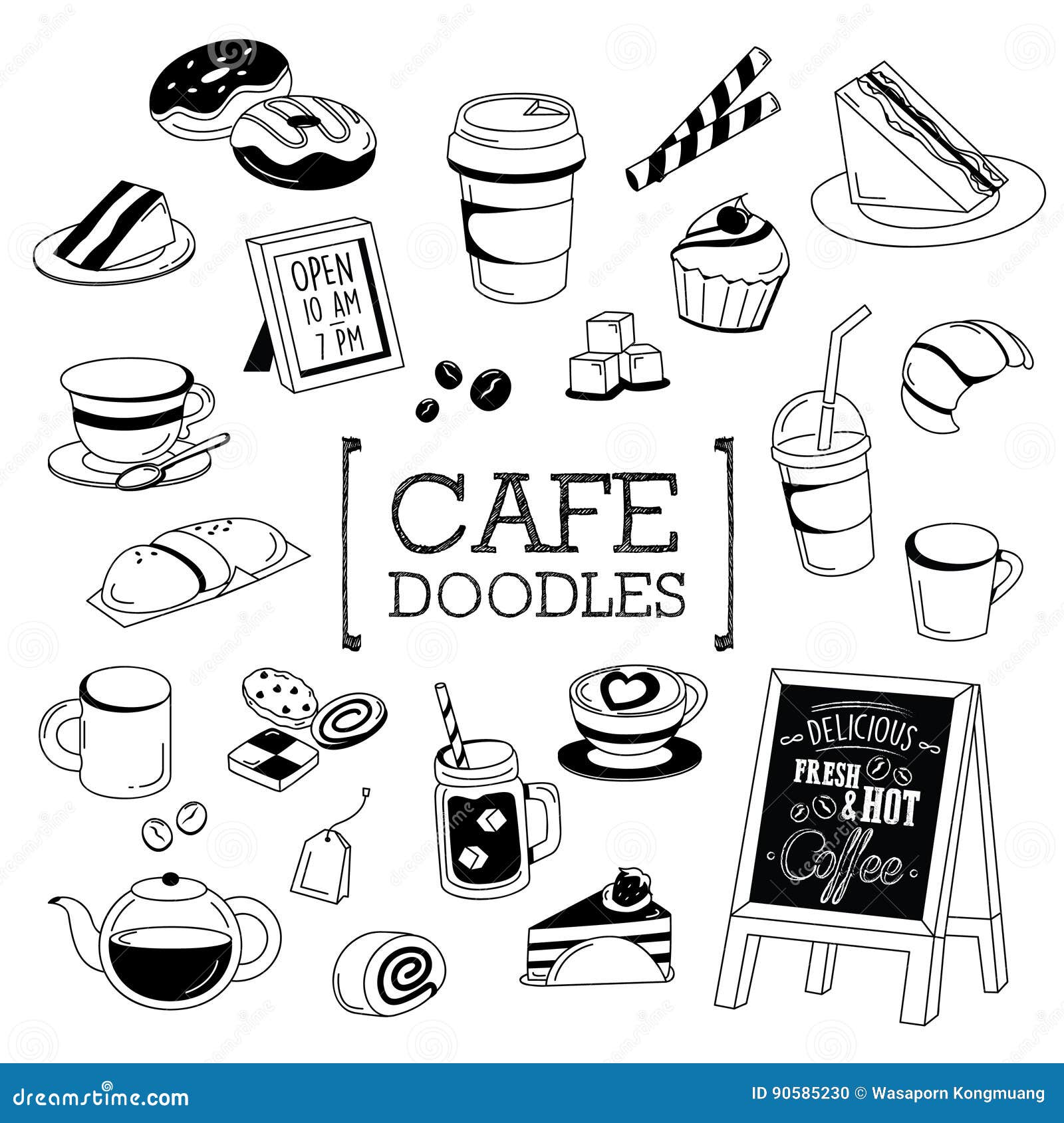Doodle set of Cafe items. stock vector. Illustration of drawing - 90585230