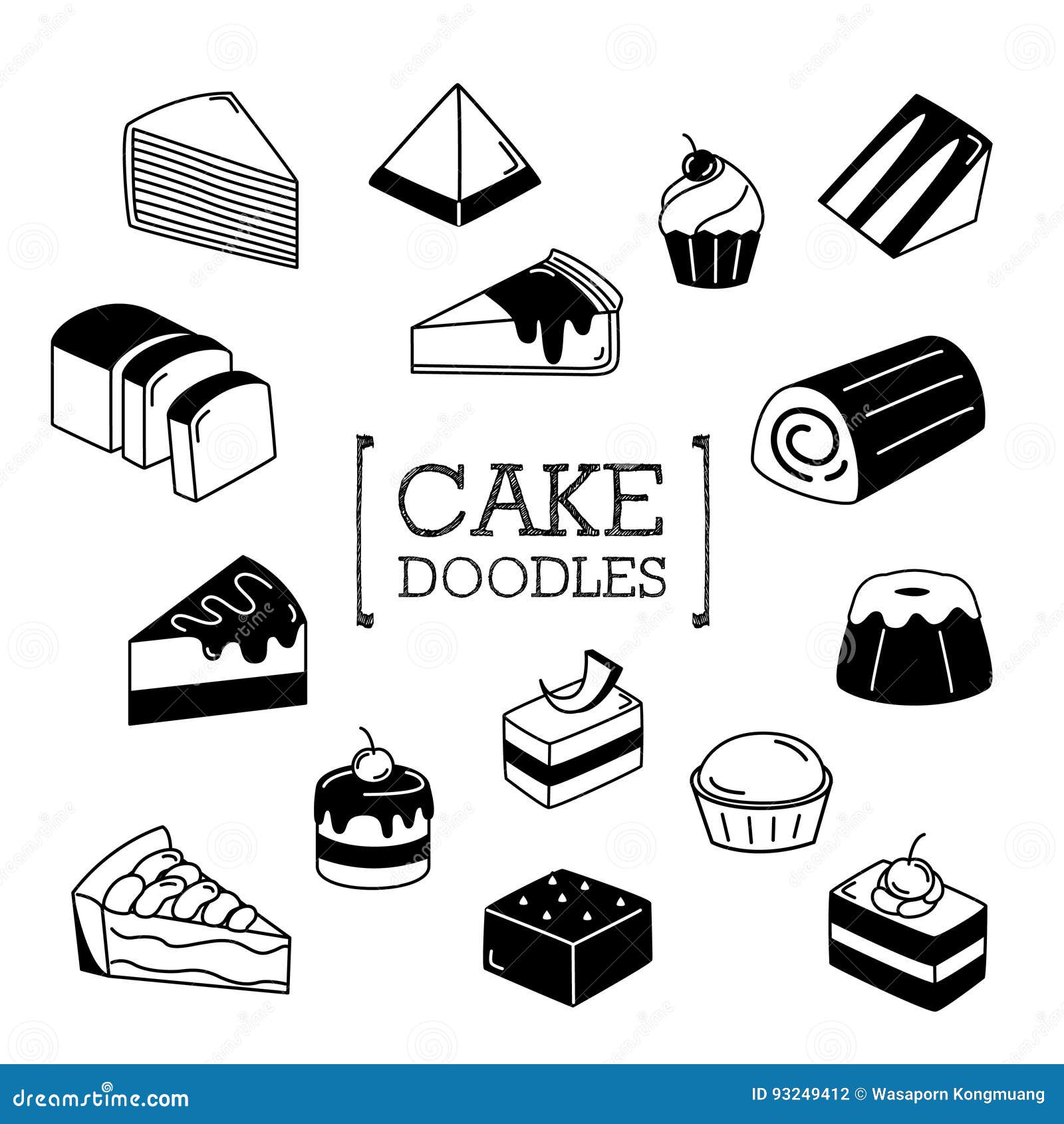 Doodle set of Cake. stock vector. Illustration of dessert - 93249412