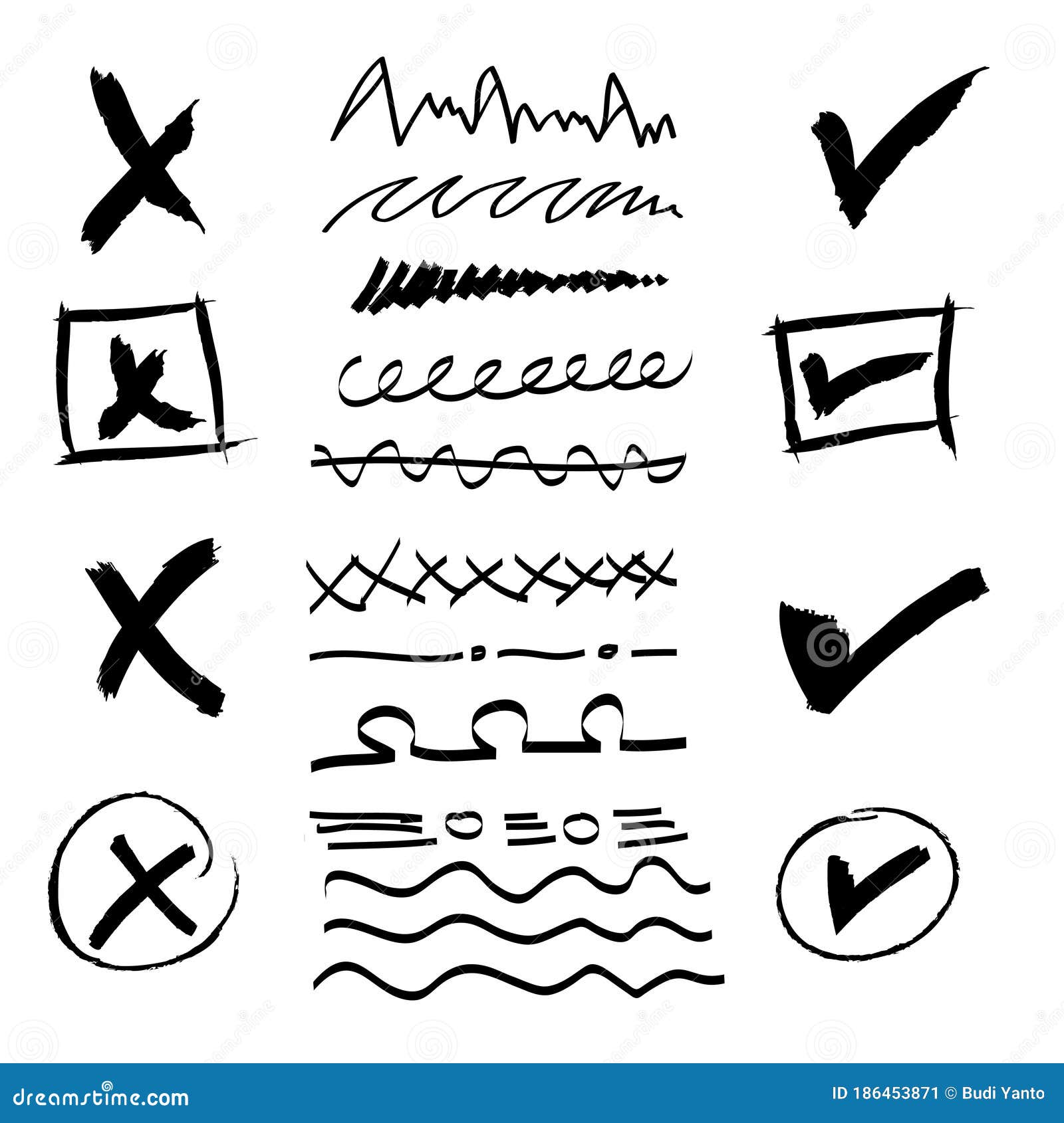 Doodle Set of Check Mark and Wrong Mark with Line Scribble Stock Vector ...