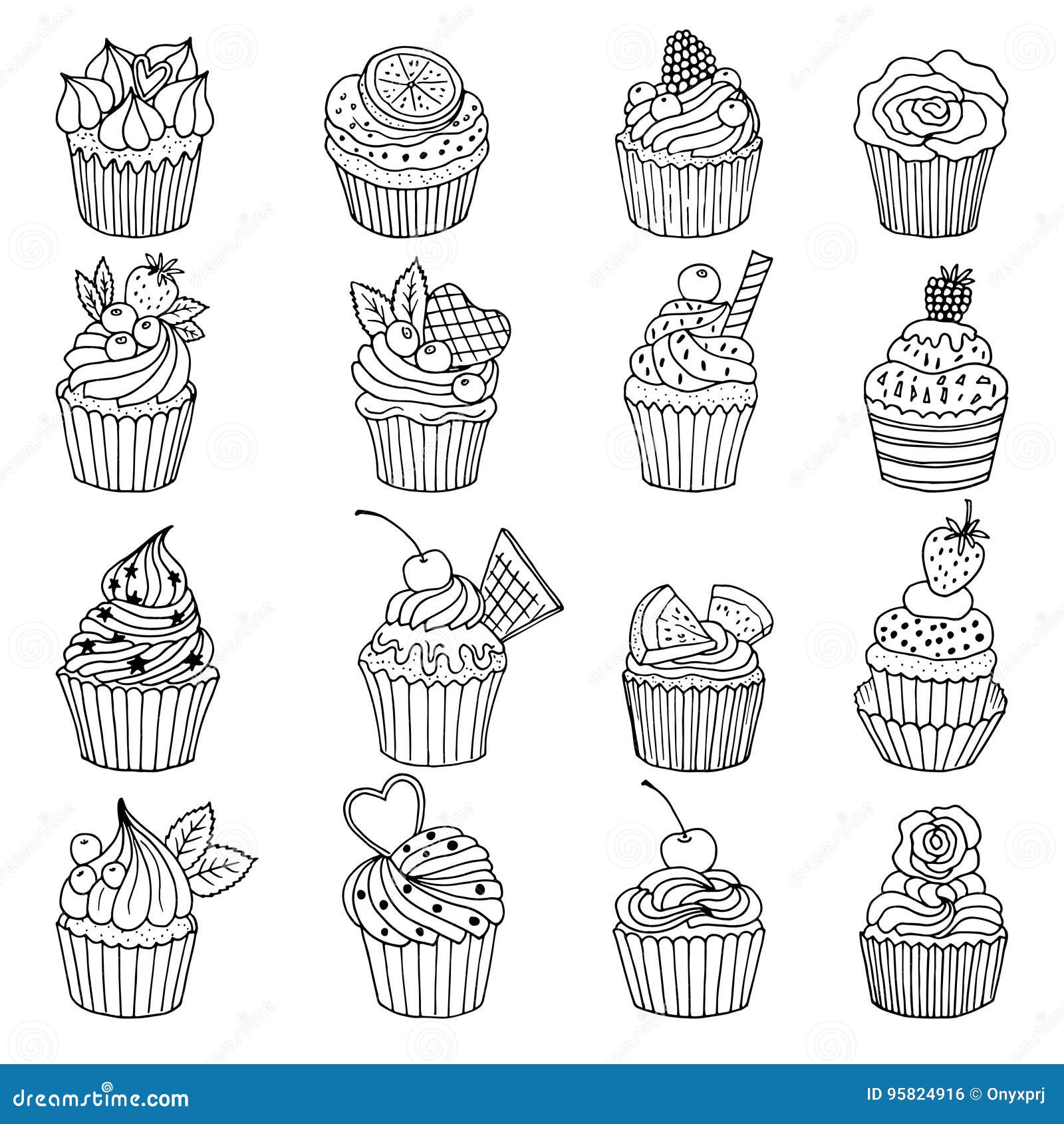 Doodle Set of Cupcakes. Hand Drawn Vector Illustrations Isolate on ...