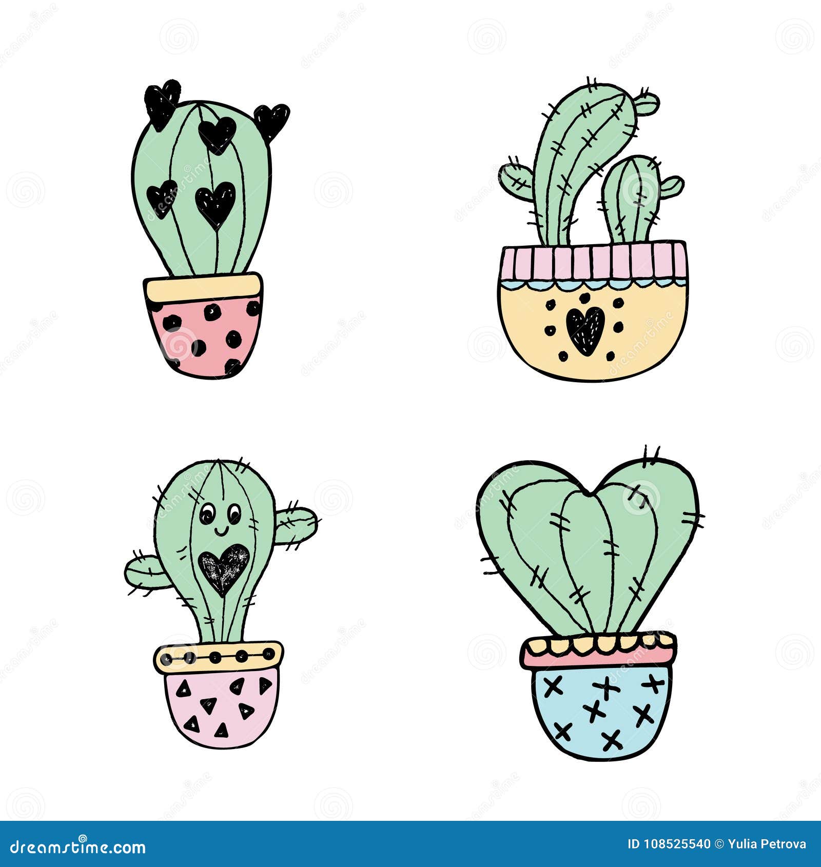 Doodle Set with Cute Cactus Stock Vector - Illustration of green, flora ...