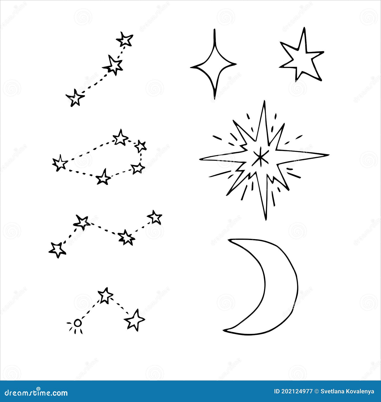 Doodle Set with Different Constellations, Stars and the Moon Stock ...