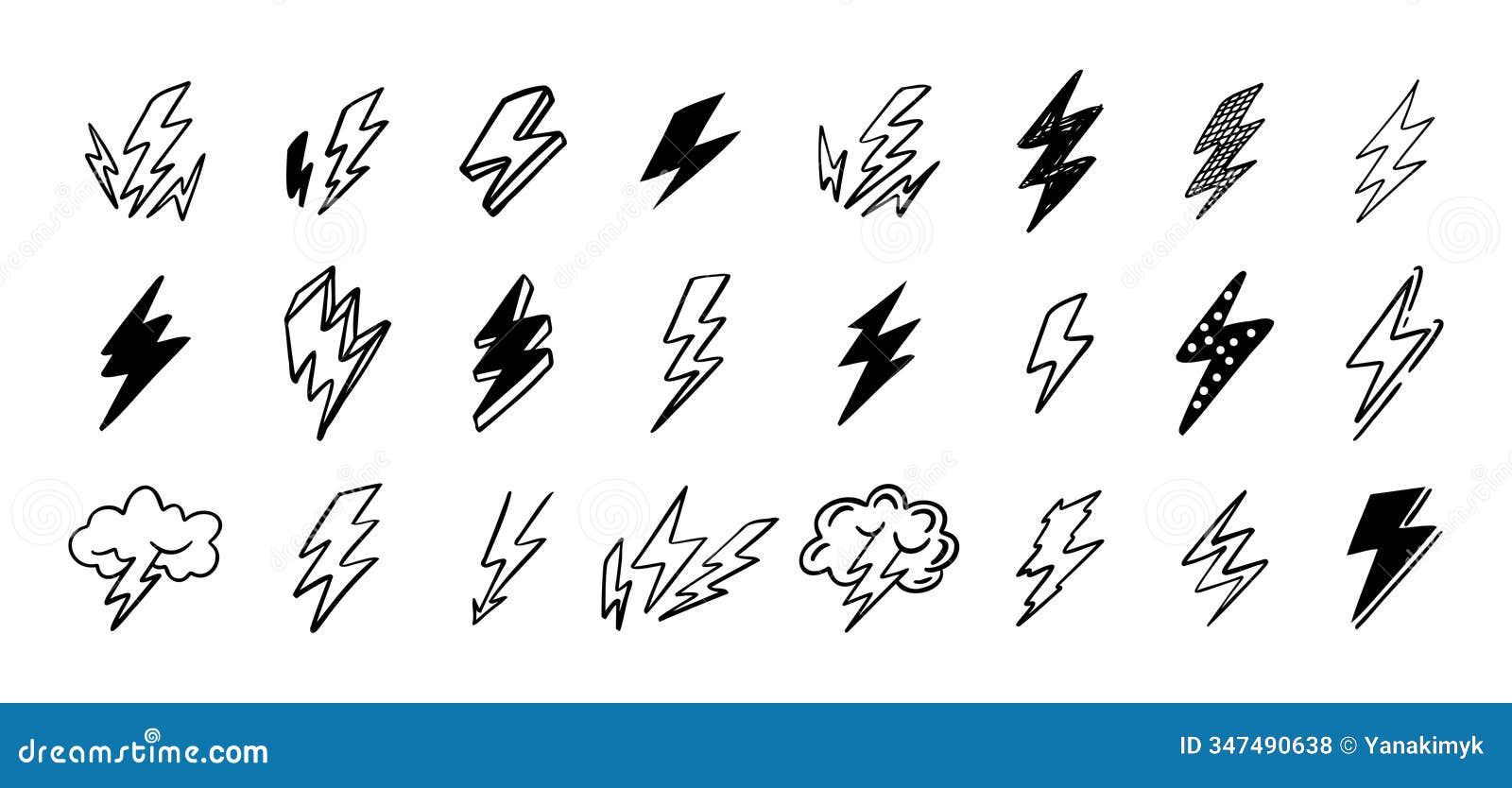 Doodle Set Lightning Line Art. Hand Drawn Lightning Icons Stock Vector ...