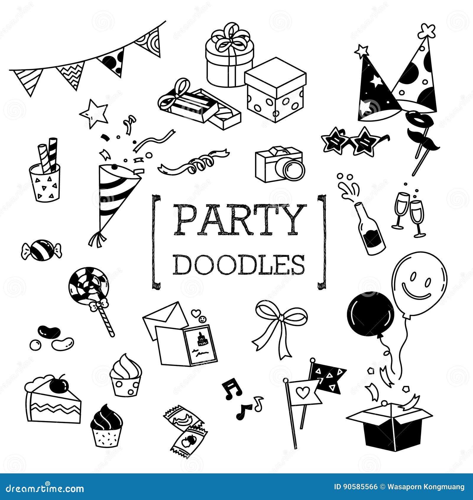 Doodle set of Party items stock vector. Illustration of candle - 90585566