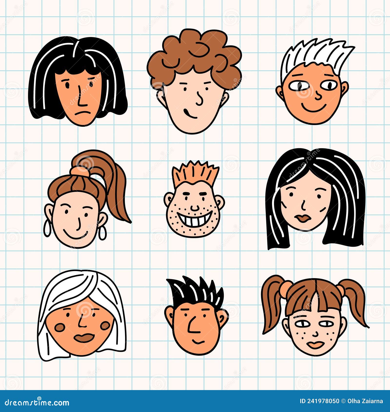 Doodle Set People Face. Vector Hand Drawn Icons Of Human Heads ...