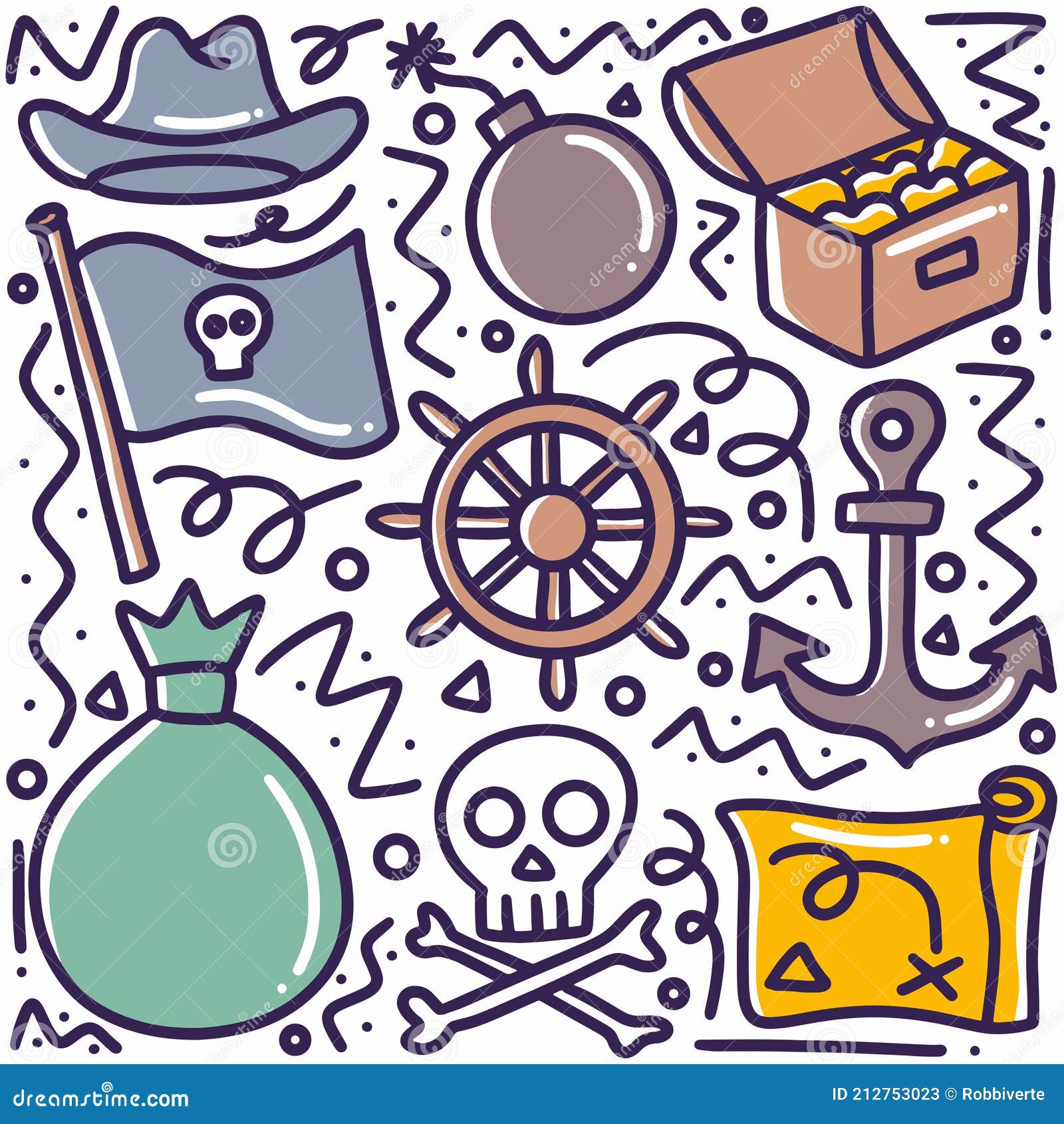Doodle Set of Pirate Stuff Hand Drawing Stock Vector - Illustration of ...