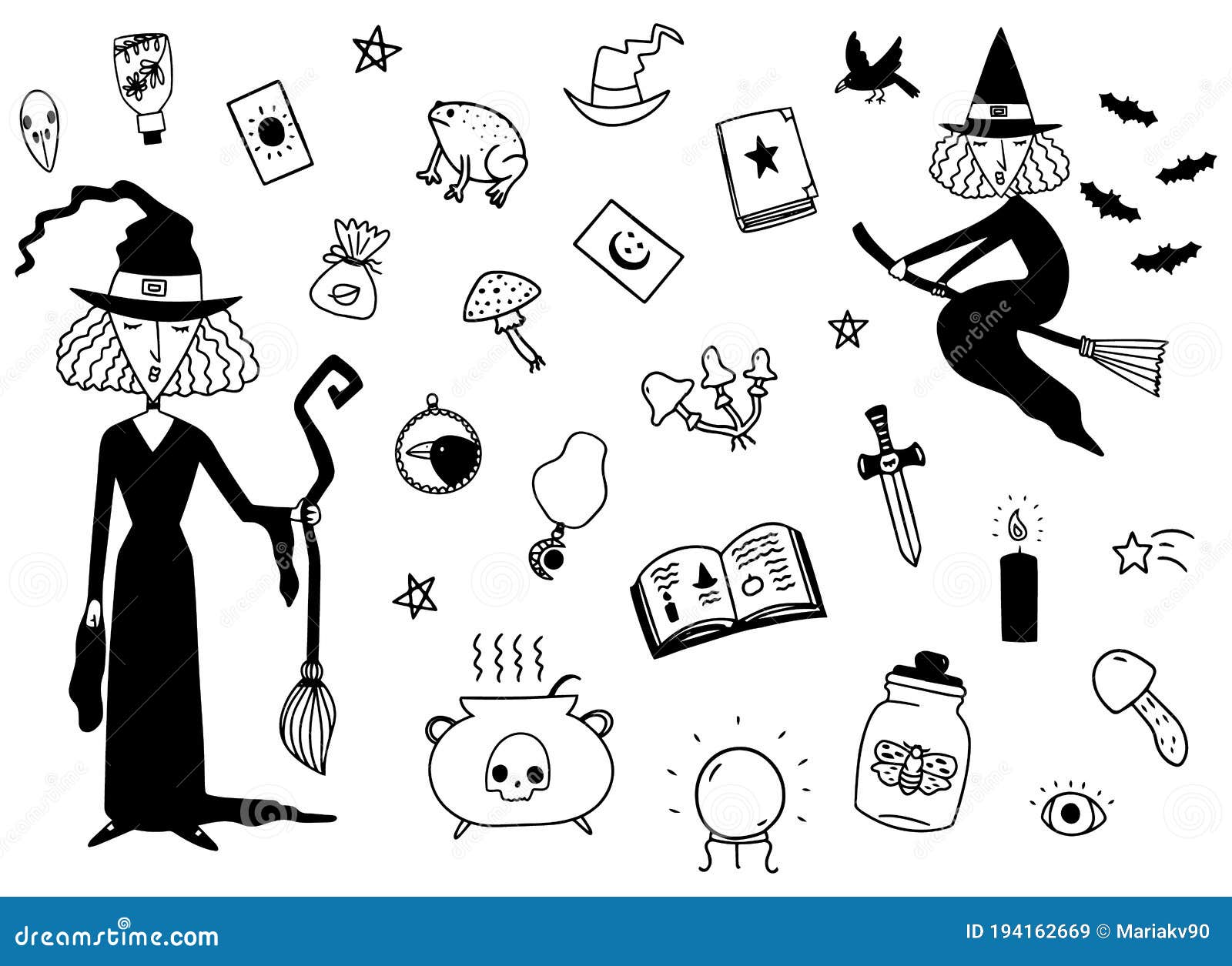 Doodle Set of Witches with Spooky Cute Stuff on White Background ...