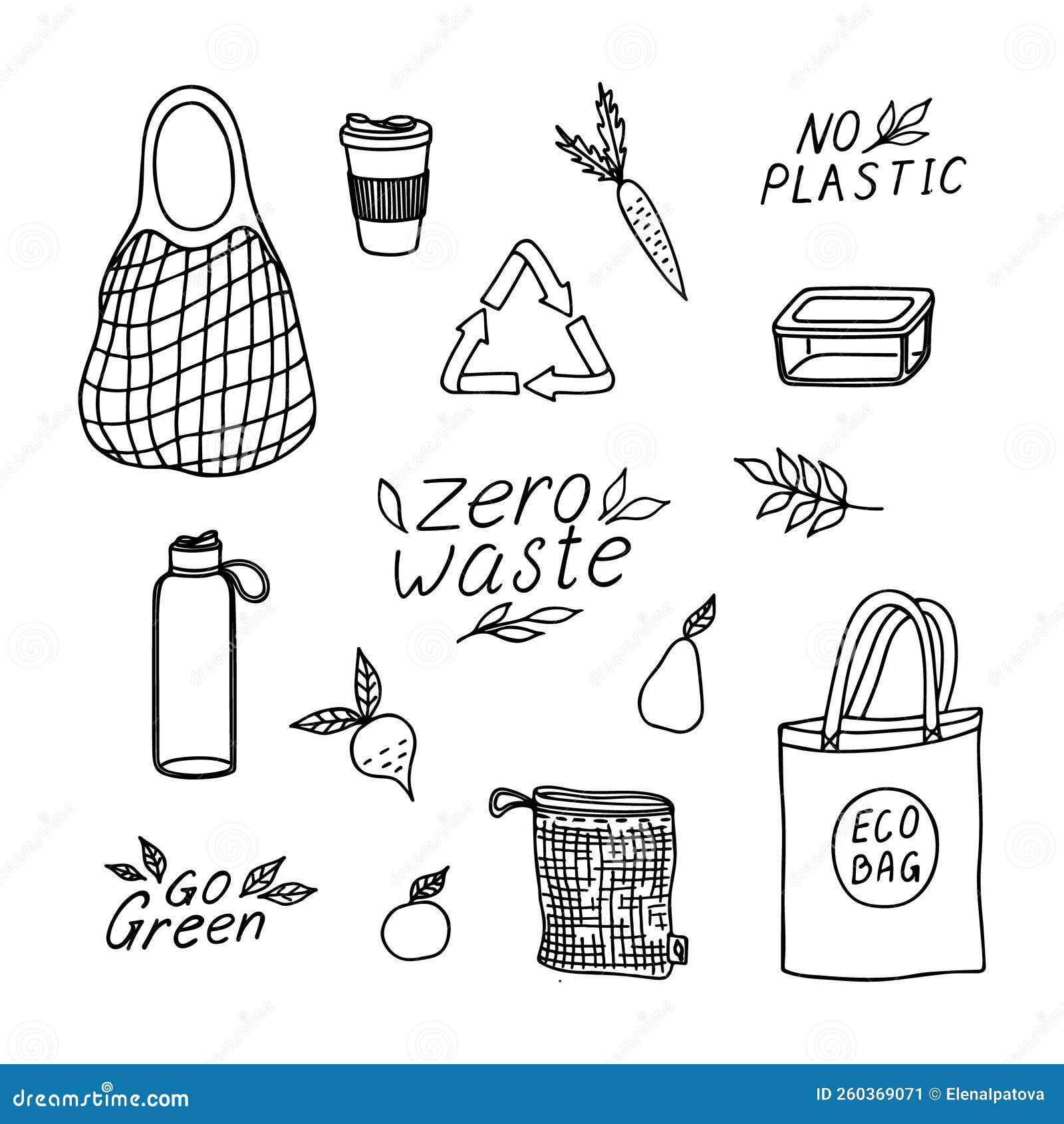 Doodle Set of Zero Waste Concept Stock Vector - Illustration of lunch ...