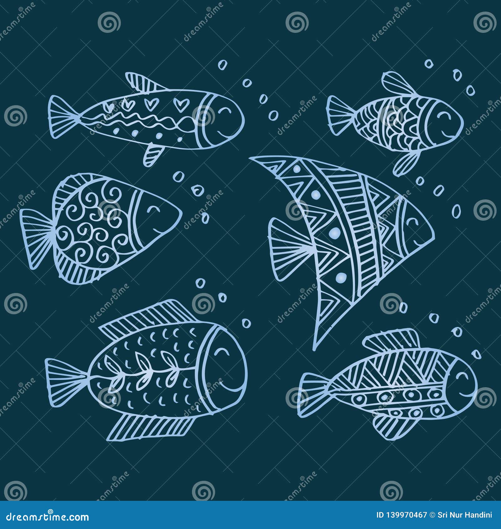Doodle six fish. stock vector. Illustration of hand - 139970467