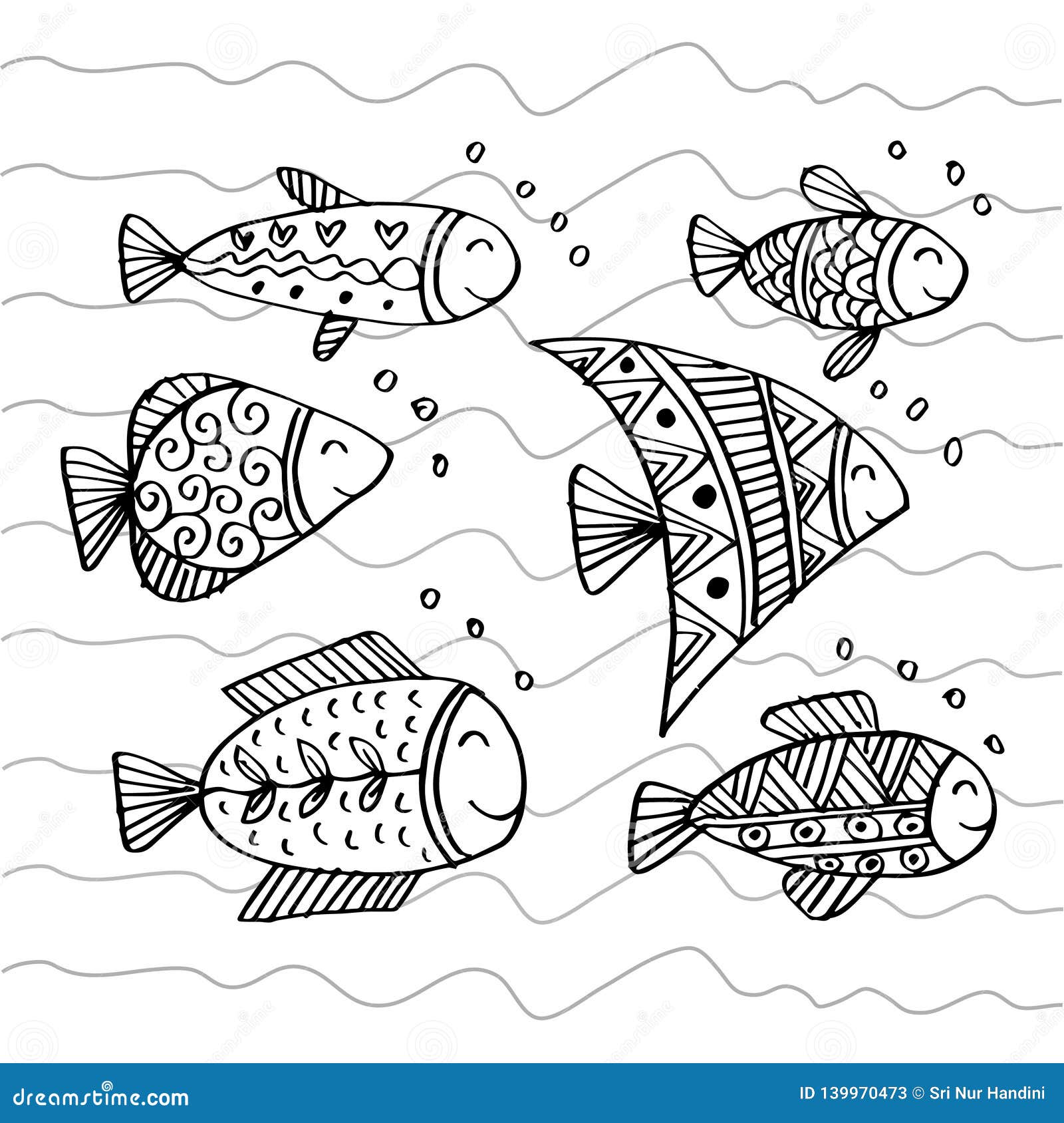 Doodle six fish. stock vector. Illustration of aquarium - 139970473