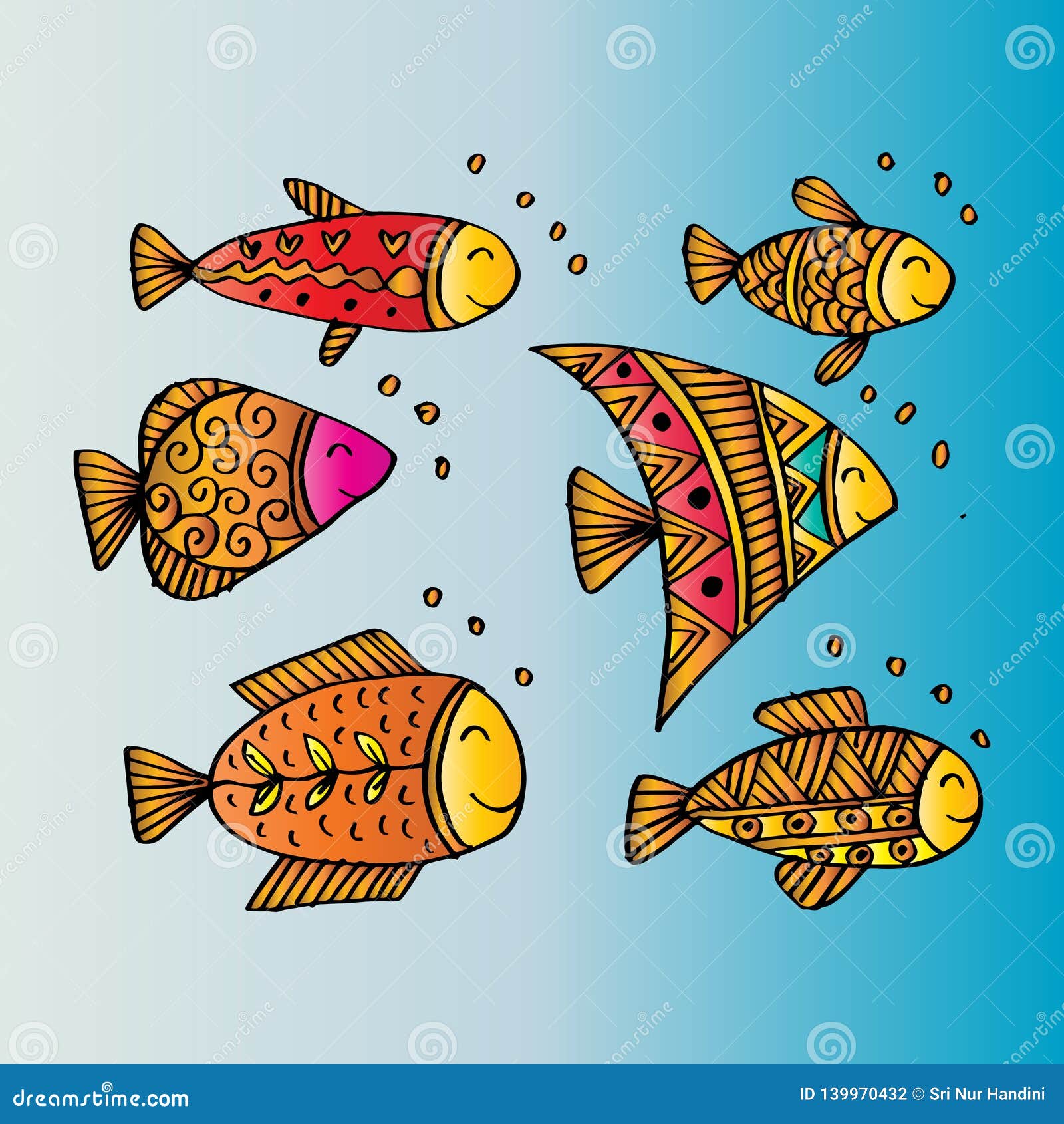 Doodle six fish stock vector. Illustration of abstract - 139970432