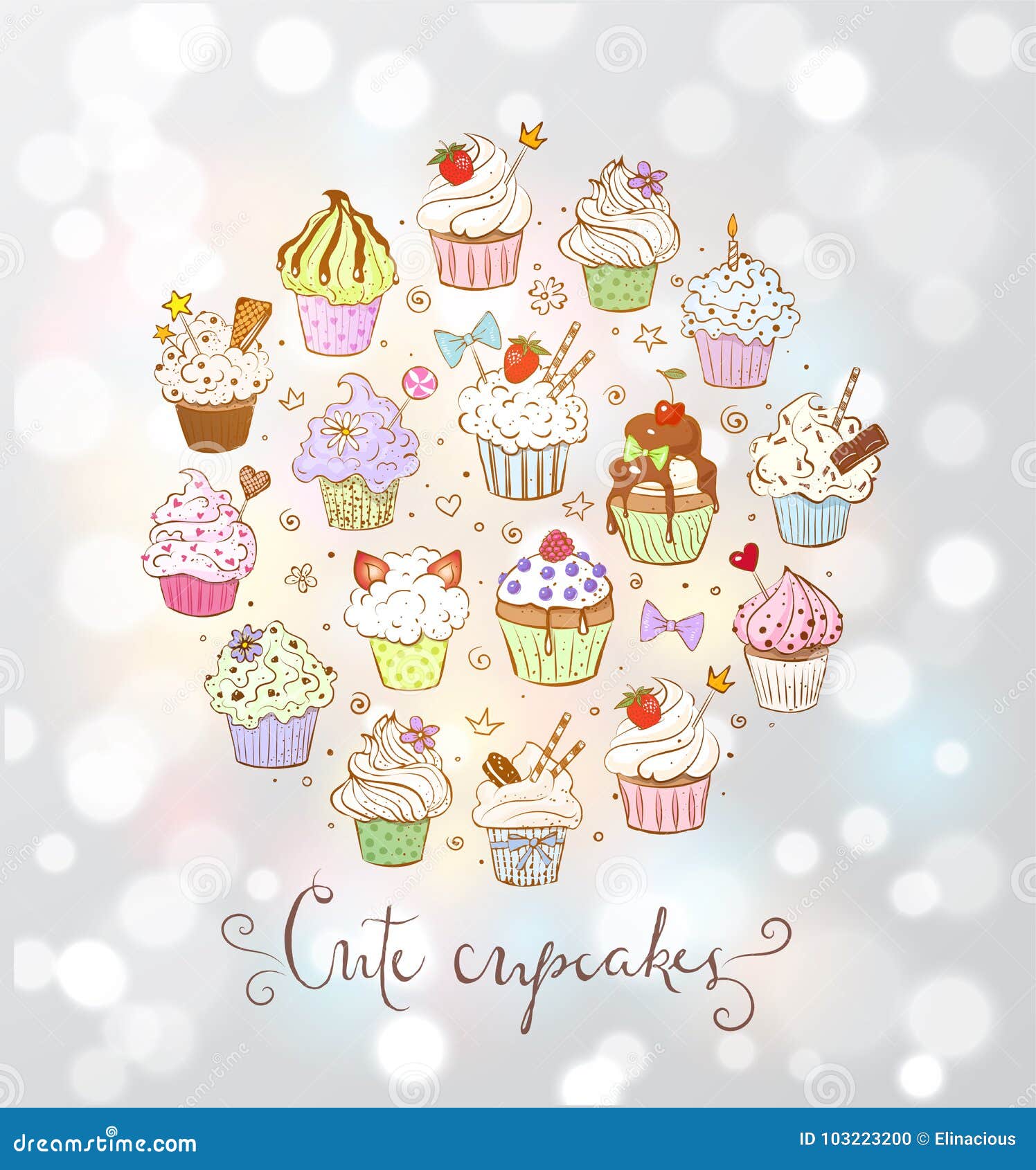 Doodle Sketch Cupcakes with Decorations on White Glowing Background ...