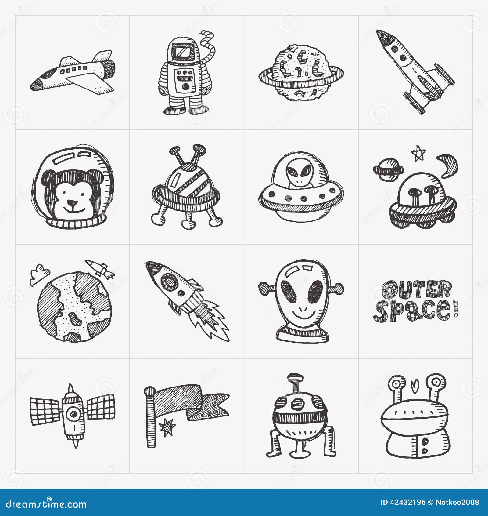 Doodle Space. Trendy Universe Pattern, Star Astronaut Meteor Rocket ...