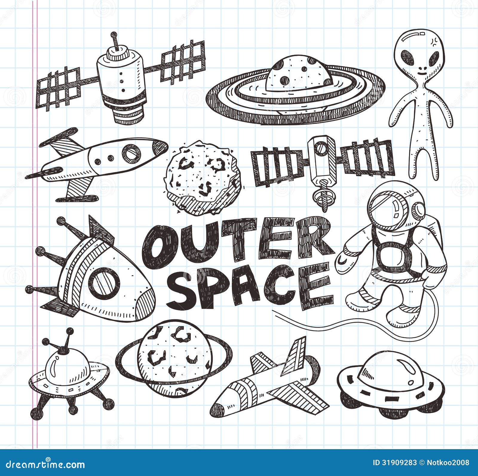 Doodle Space. Trendy Universe Pattern, Star Astronaut Meteor Rocket ...