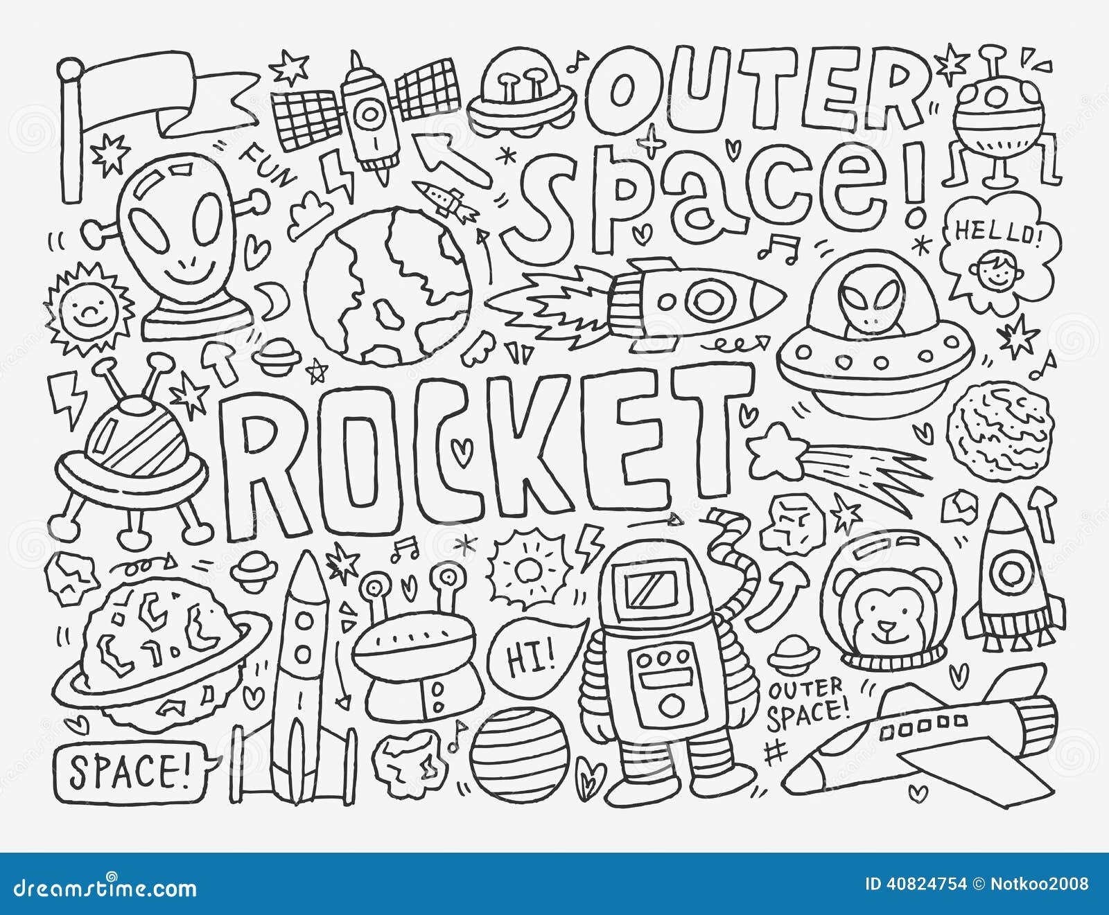 Doodle Space. Trendy Universe Pattern, Star Astronaut Meteor Rocket ...