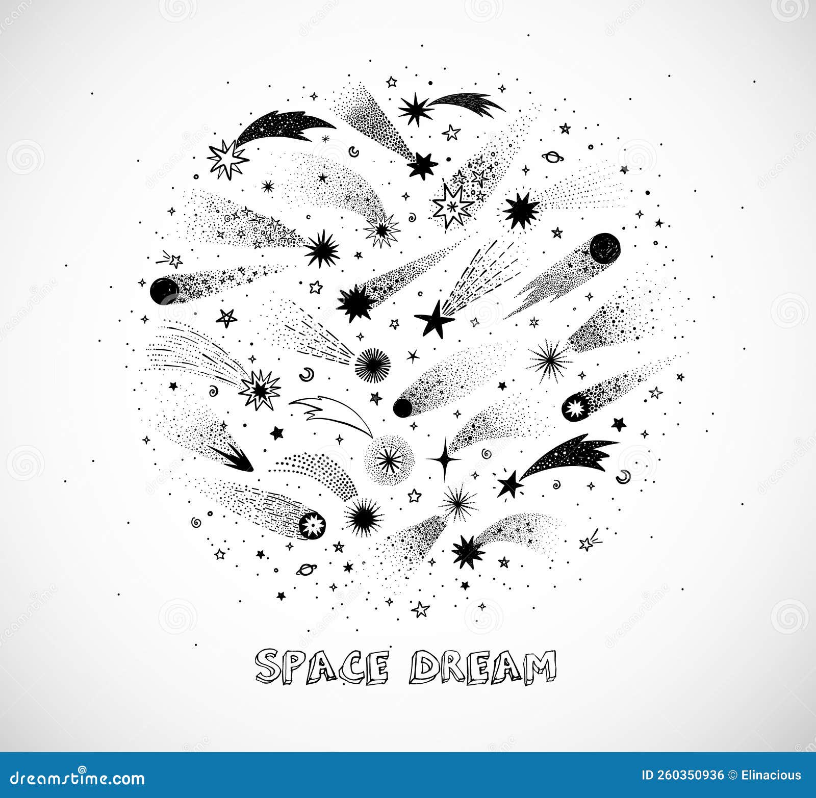 Doodle Space and Shooting Stars in Circle on White Background. Vector ...