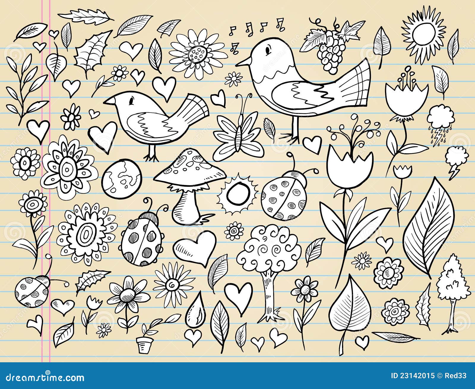 Doodle Spring. Birds, Sky, Aminals. Vector Sketchy Line Art Doodle ...