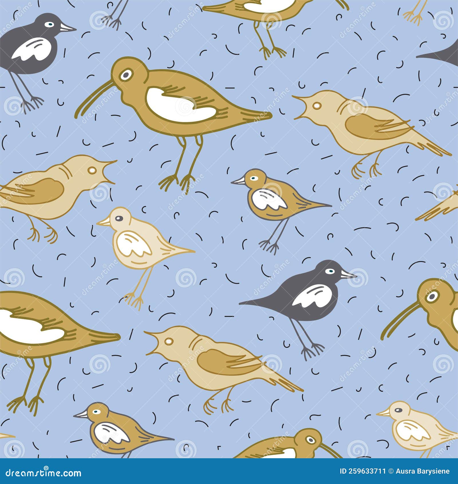 Doodle Style Birds Seamless Pattern on Blue Background. Stock Vector ...