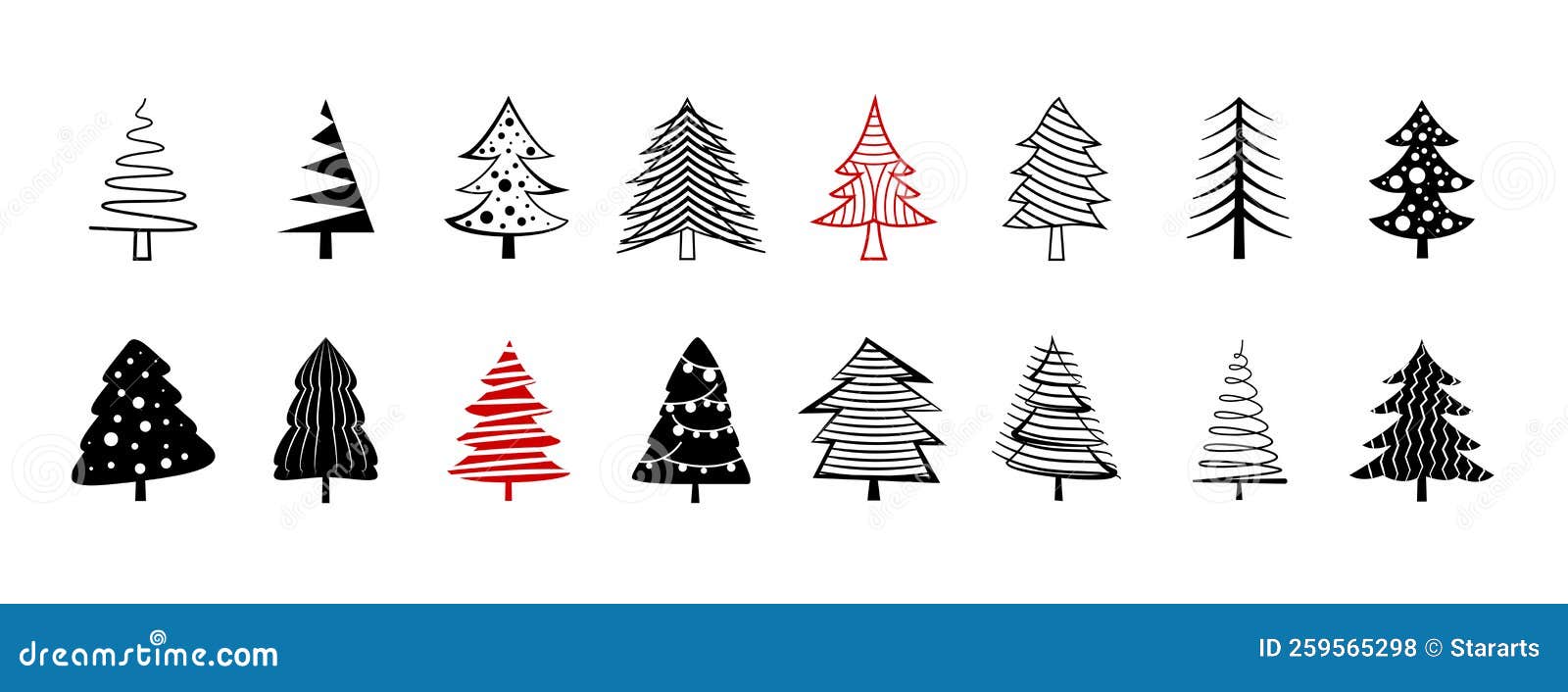 Doodle Style Christmas Pine Tree Elements Design in Set Stock Vector ...