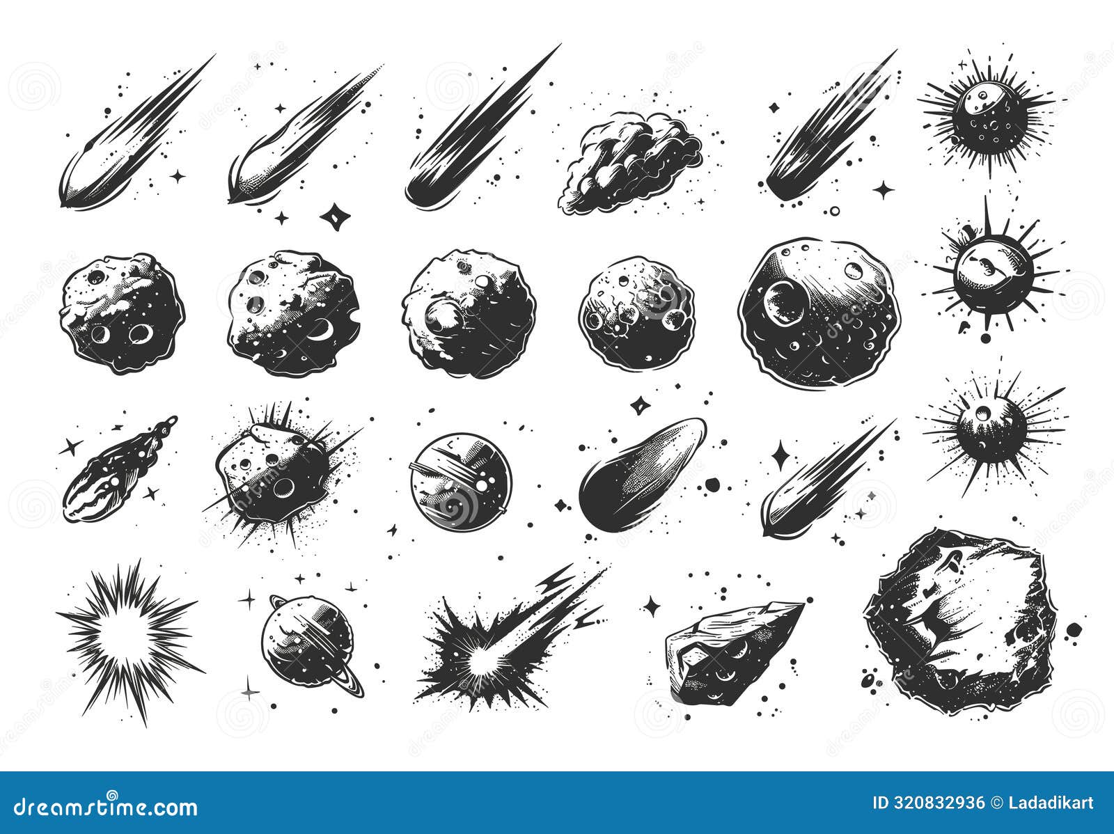 Doodle Style Comets and Meteorites Icon Set. Comet, Meteorite, Space ...