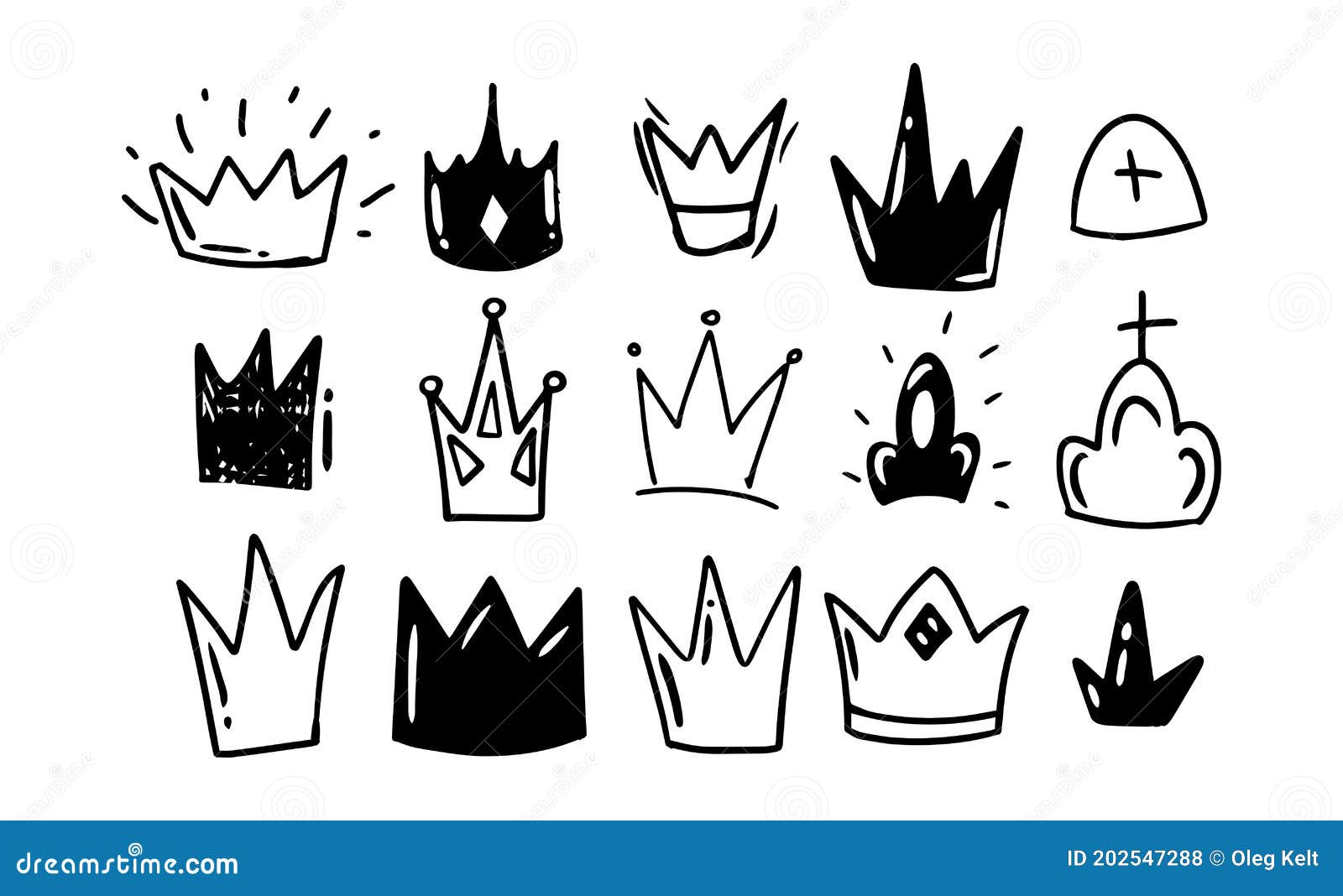 Doodle Style Hand Drawing. Black And White Crowns, Different Shapes ...