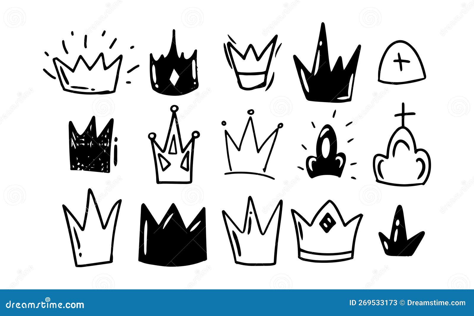 Doodle Style Hand Drawing. Black and White Crowns, Different Shapes ...