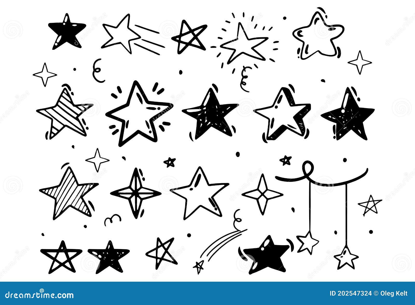 Doodle Style Hand Drawing. Stars of Different Shapes Stock Illustration ...