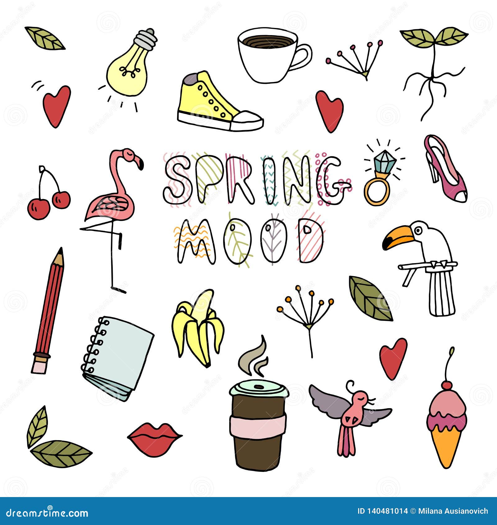 Hand Drawing. Spring Mood. Human and Nature . Vector Objects Set Stock ...