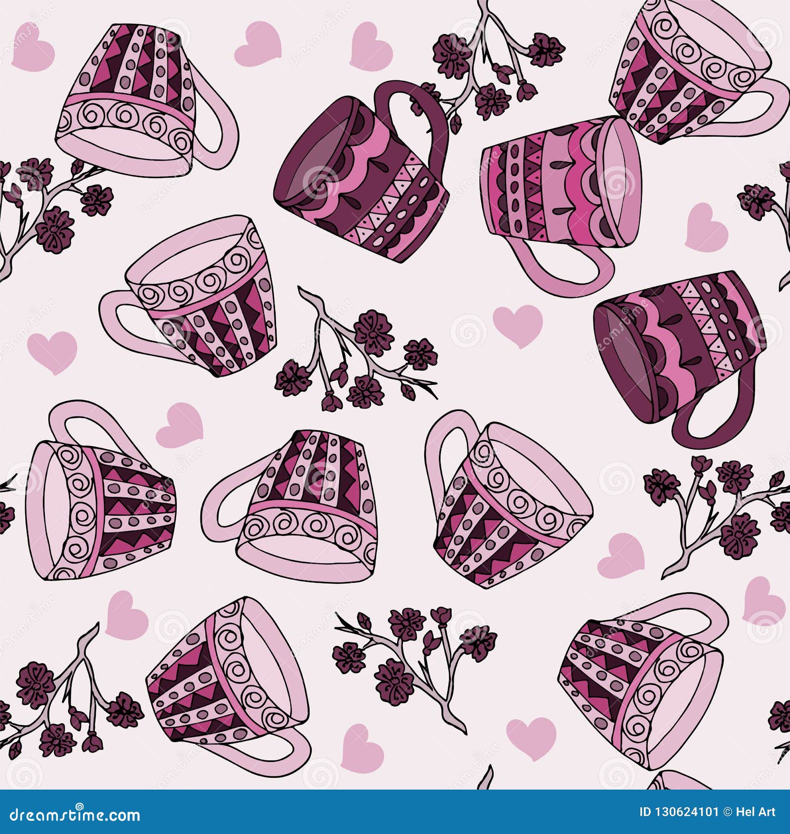 Doodle Style Seamless Pattern with Tea Cups Stock Vector - Illustration ...
