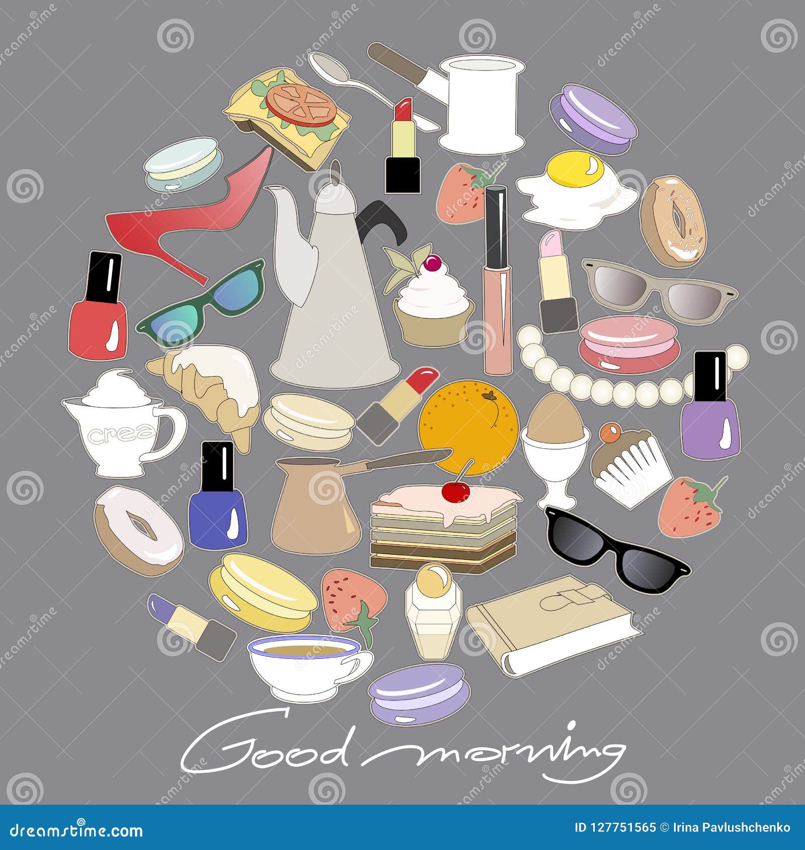 Doodle Style Set with Morning and Breakfast Objects. Colorful Vector ...