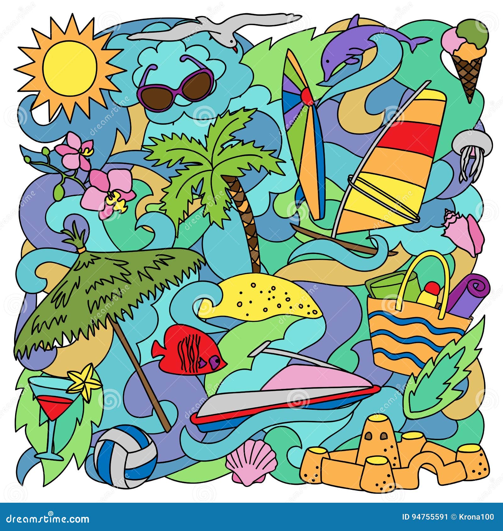 Doodle Summer Beach stock vector. Illustration of rest - 94755591