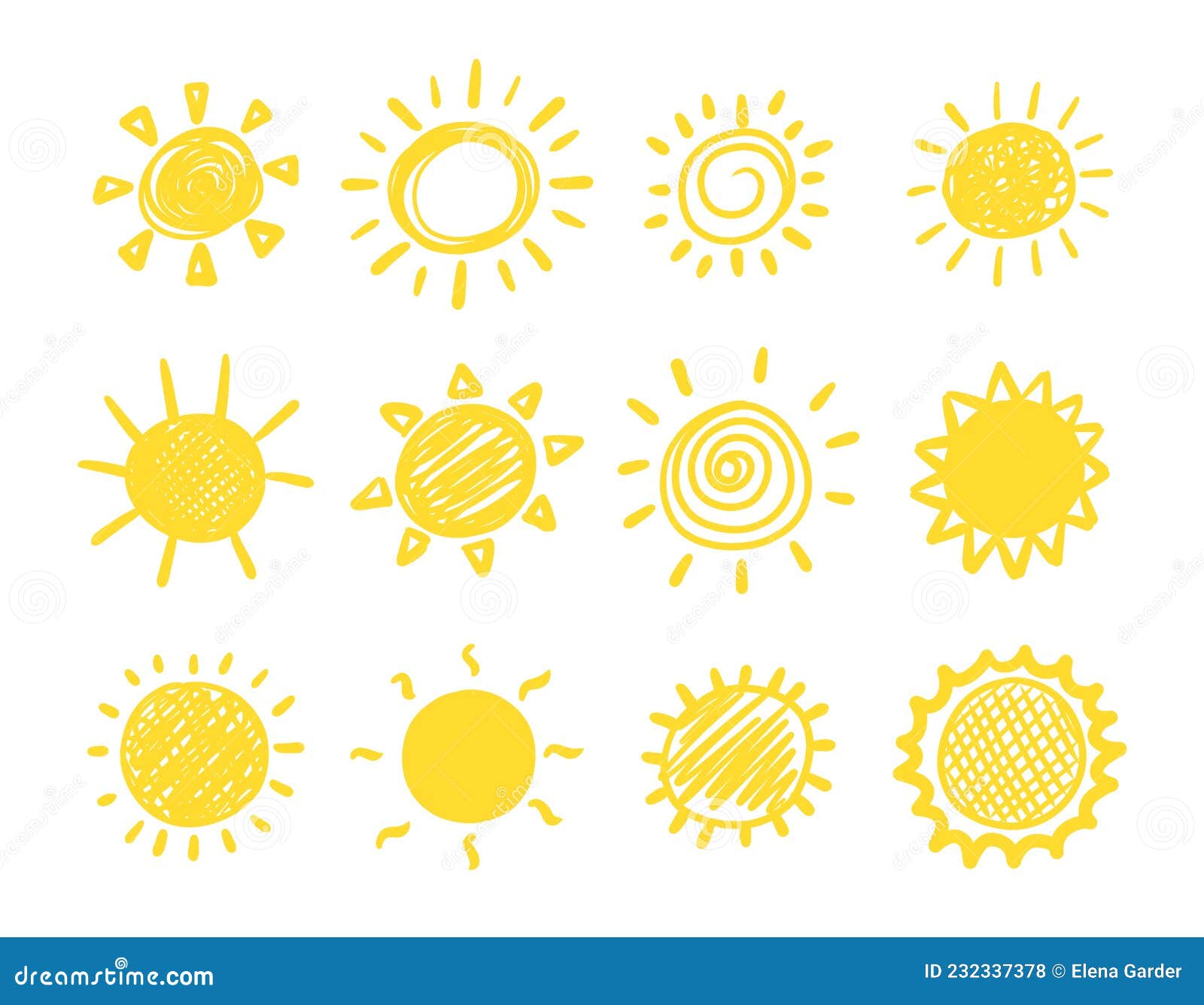 Doodle Sun. Hand Drawn Cartoon Yellow Sketch Sunrise. Vector Cute ...