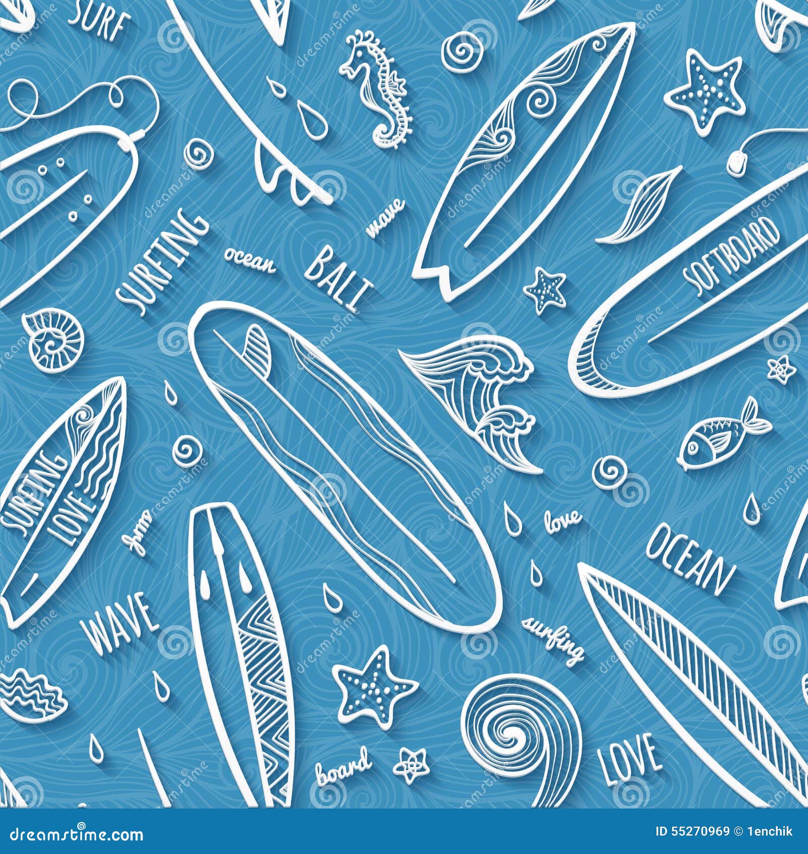 Doodle Surfboards Seamless Pattern in Cutout Paper Stock Vector ...