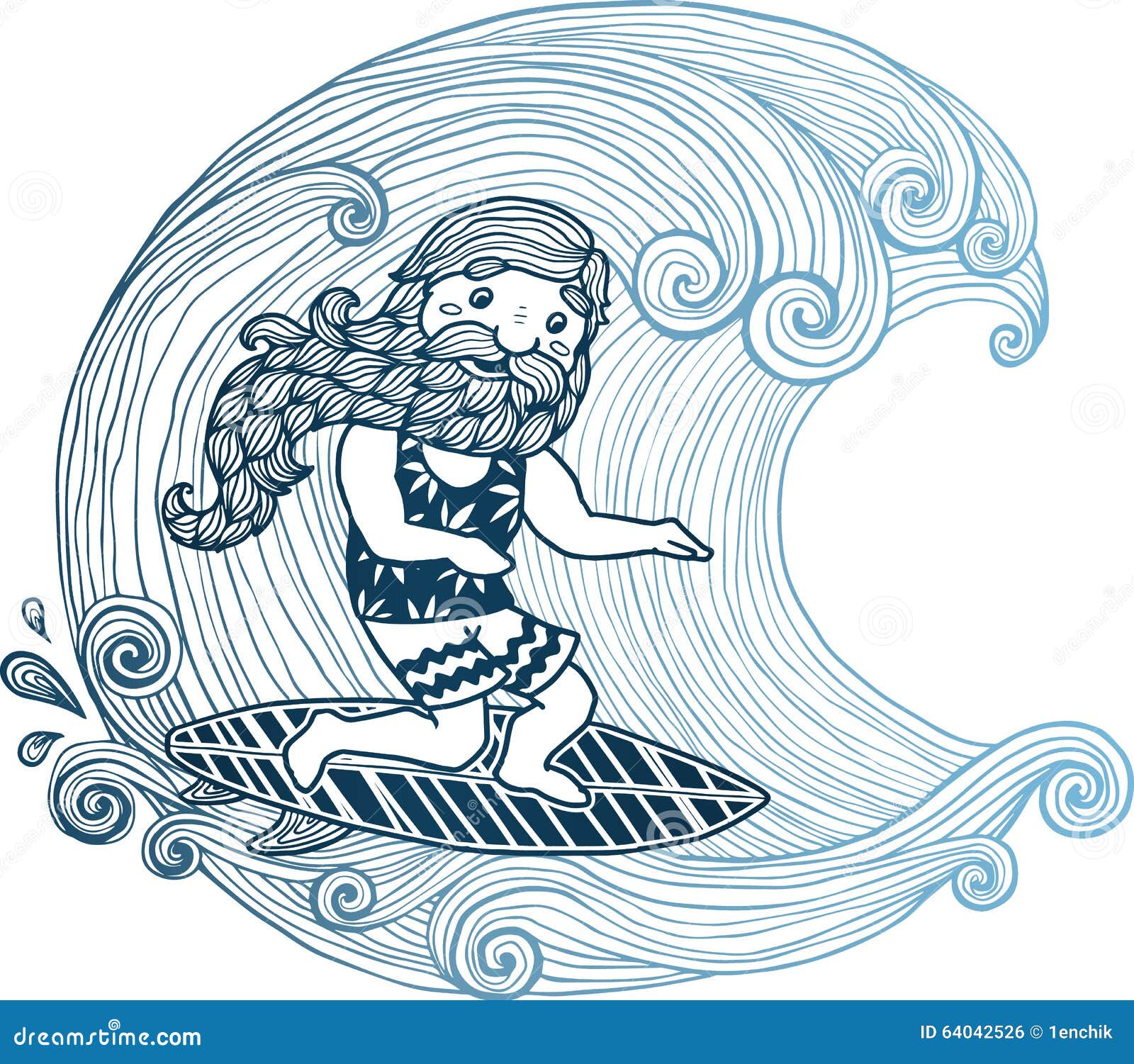 Doodle Surfer with Long Beard at Short Board Stock Vector ...