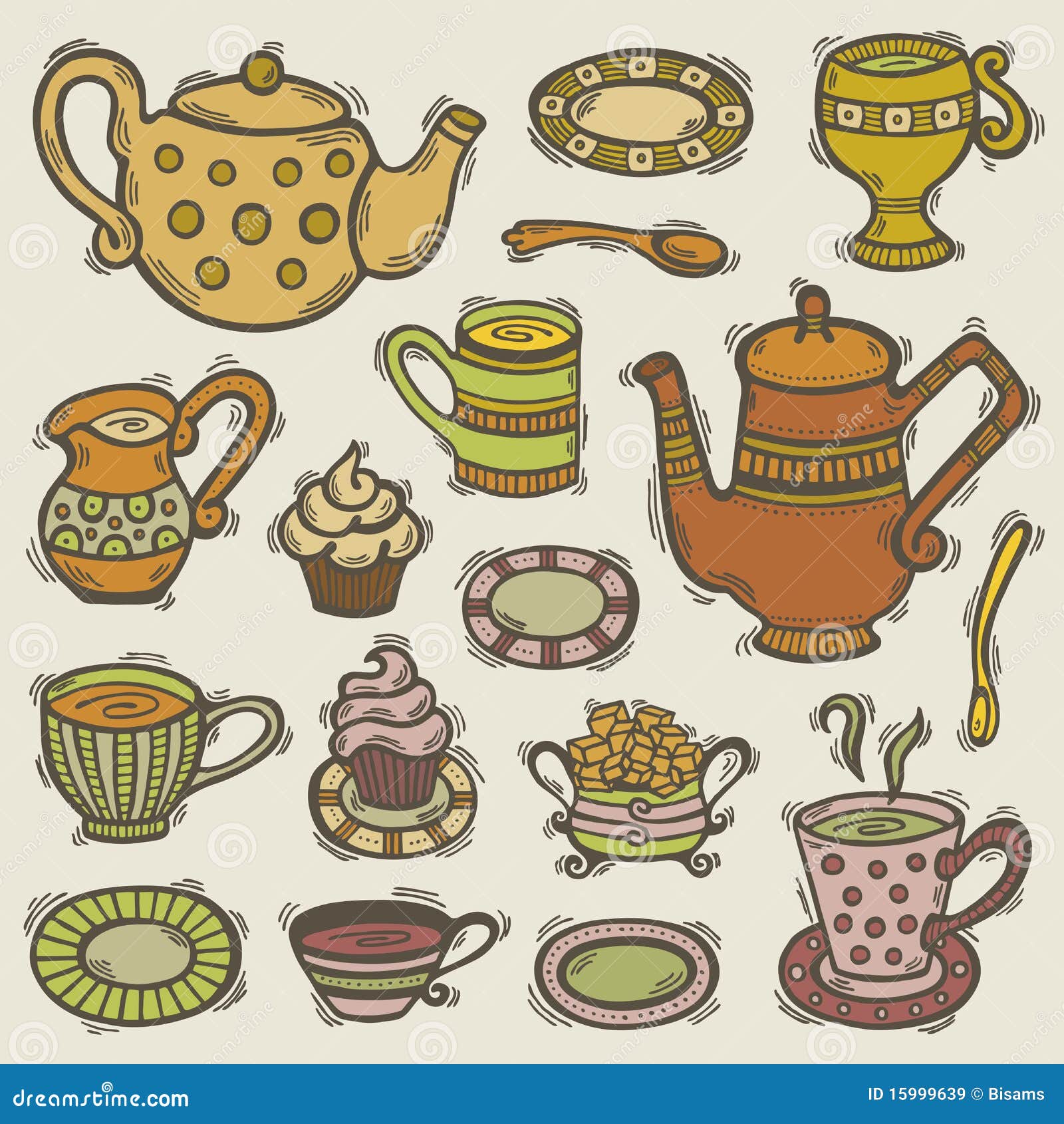 Doodle tea set stock vector. Illustration of teapot, spoon - 15999639
