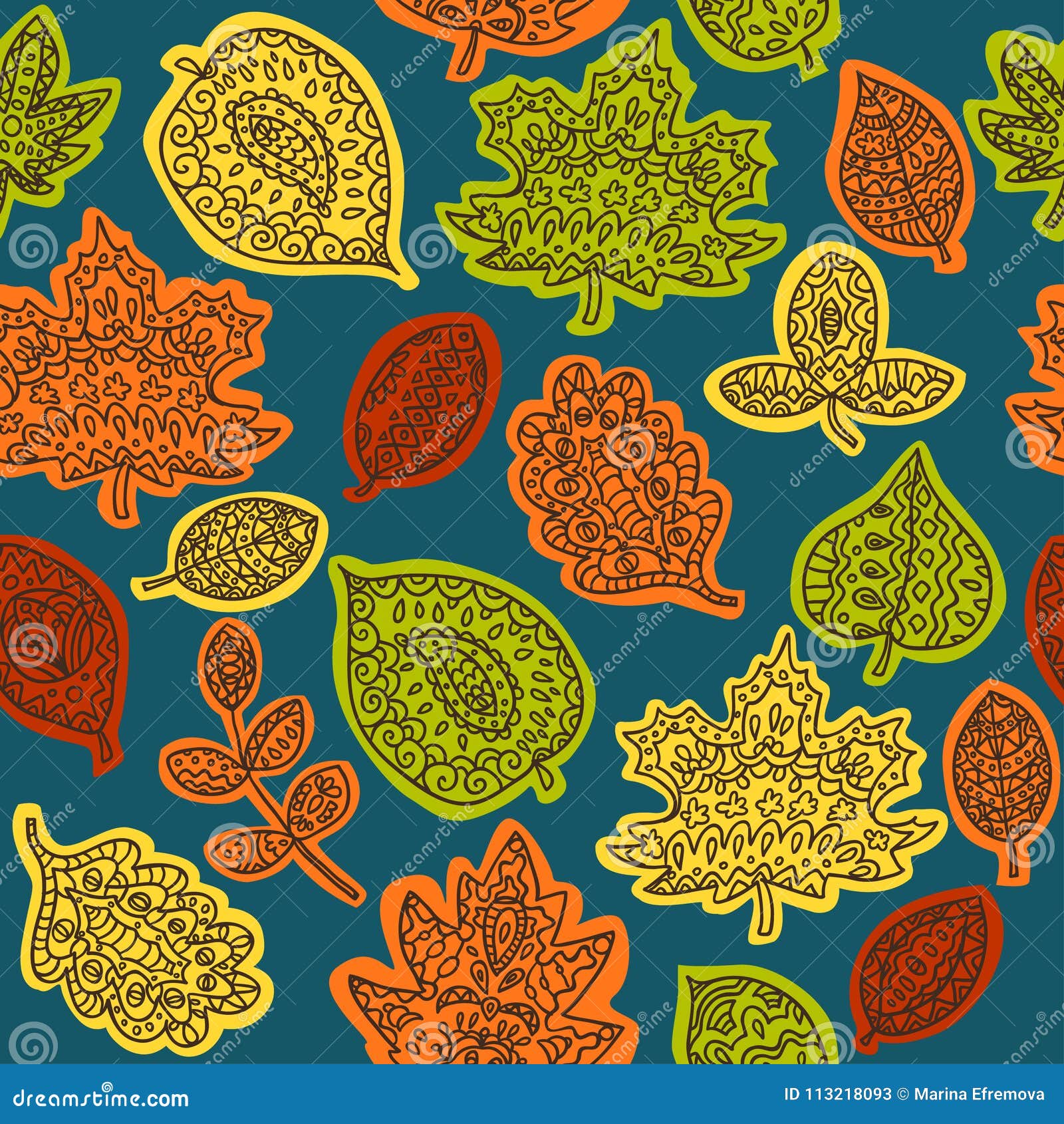 Doodle Textured Leaves Seamless Pattern. Stock Vector - Illustration of ...