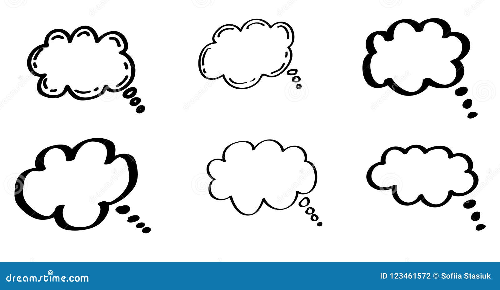 Doodle Thinking Clouds, Chat Cartoon Bubbles. Hand Drawn Set Stock ...