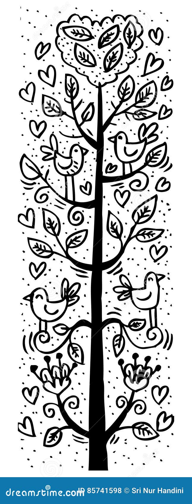 Doodle Tree with Birds in Love. Stock Illustration - Illustration of ...