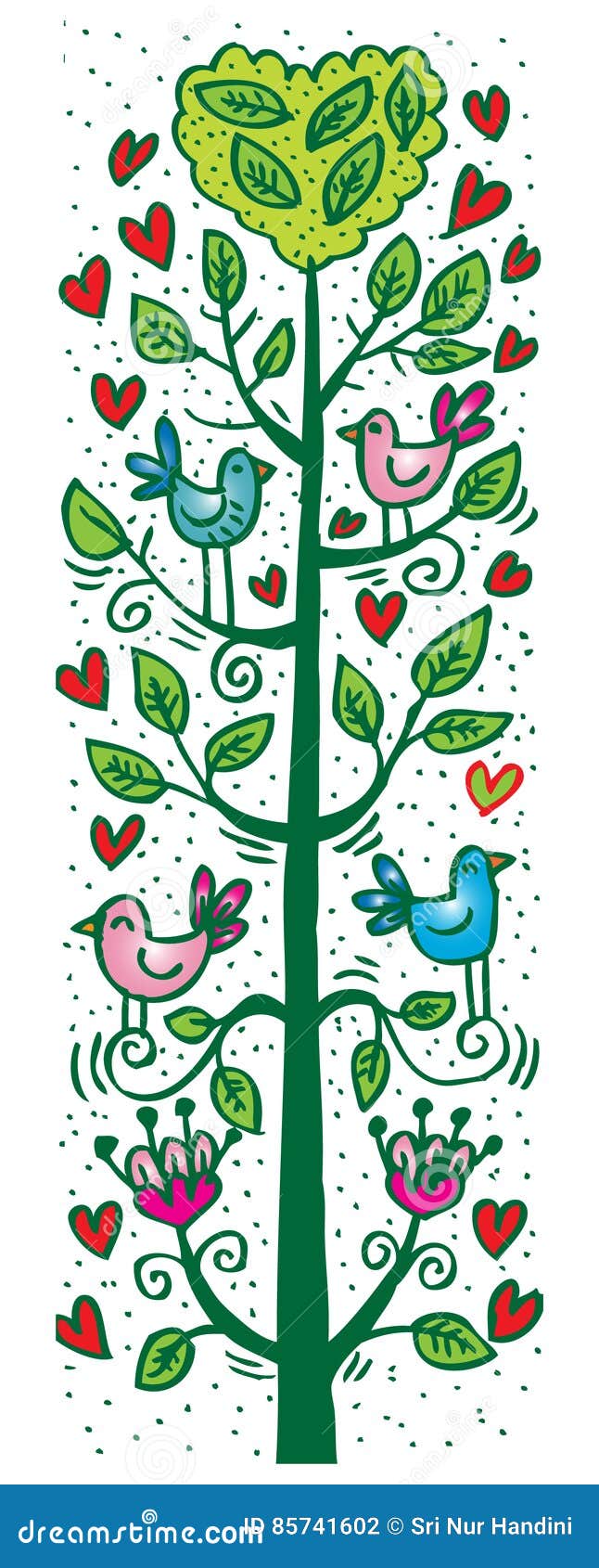 Doodle Tree with Birds in Love. Stock Illustration - Illustration of ...