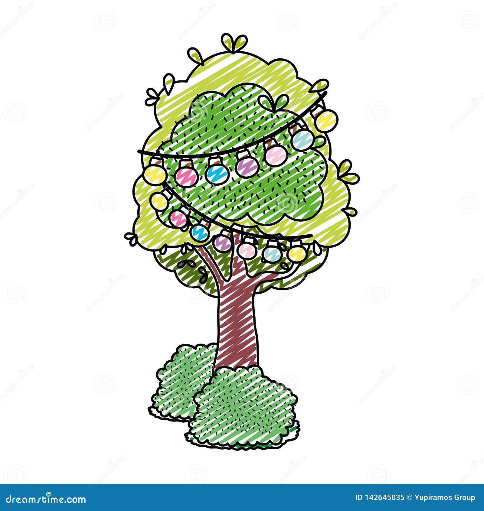 Doodle Tree with Branch Leaves and Bulbs Hanging Stock Vector ...
