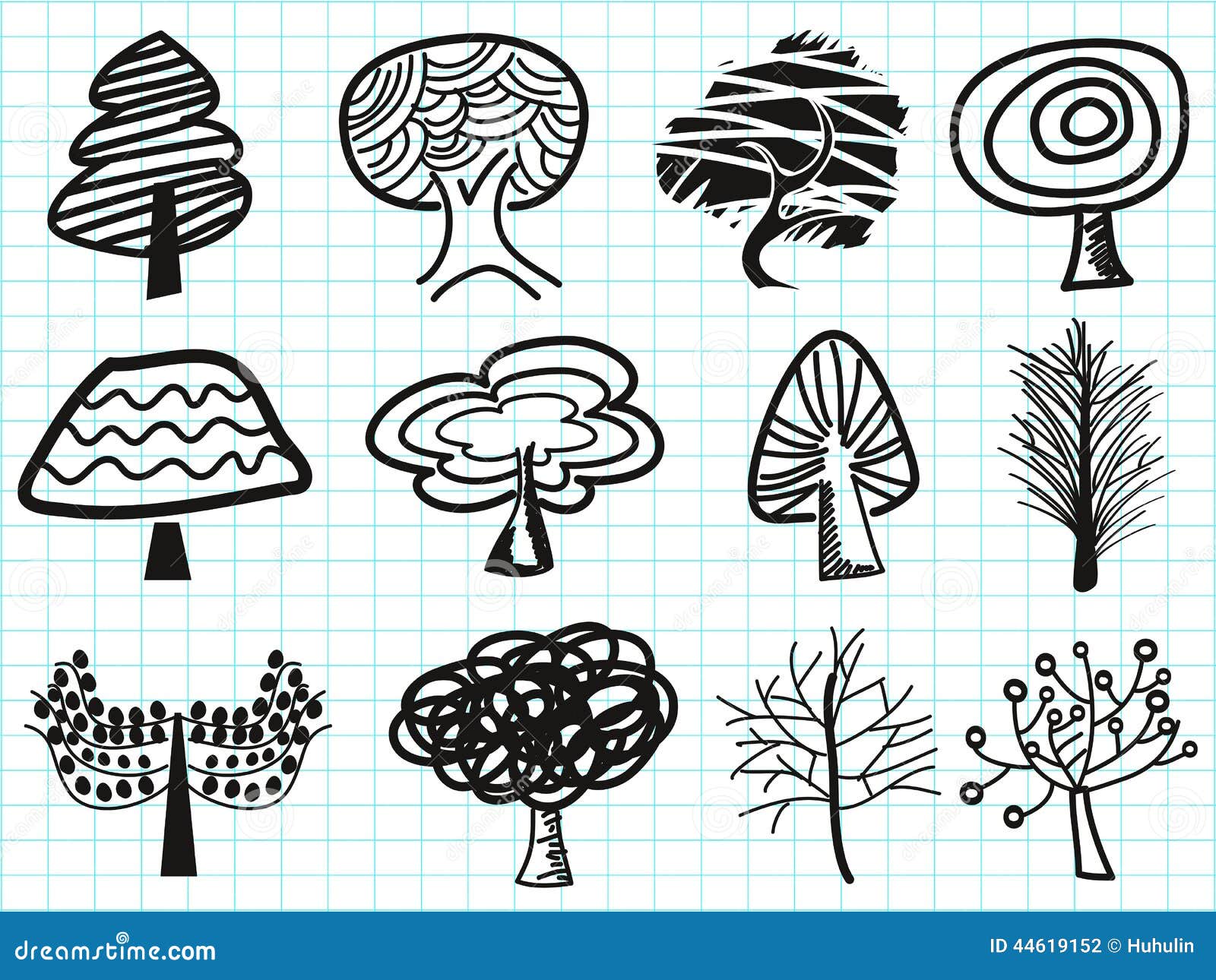 Doodle Tree Collection Handdrawn Cartoon Style Vector Illustration ...