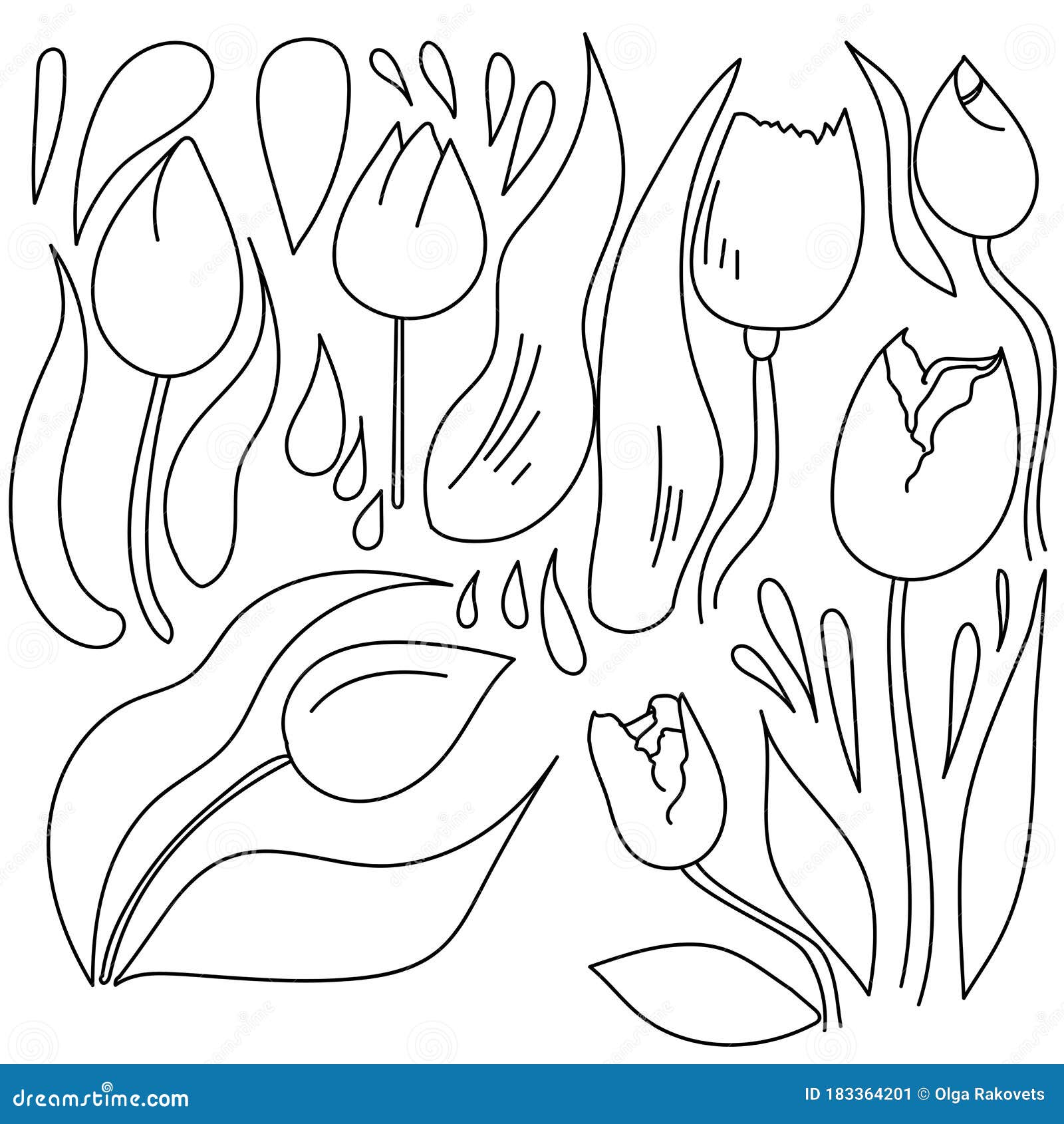 Doodle Tulips Vector Set, Flowers and Doodle Elements for Design Stock ...