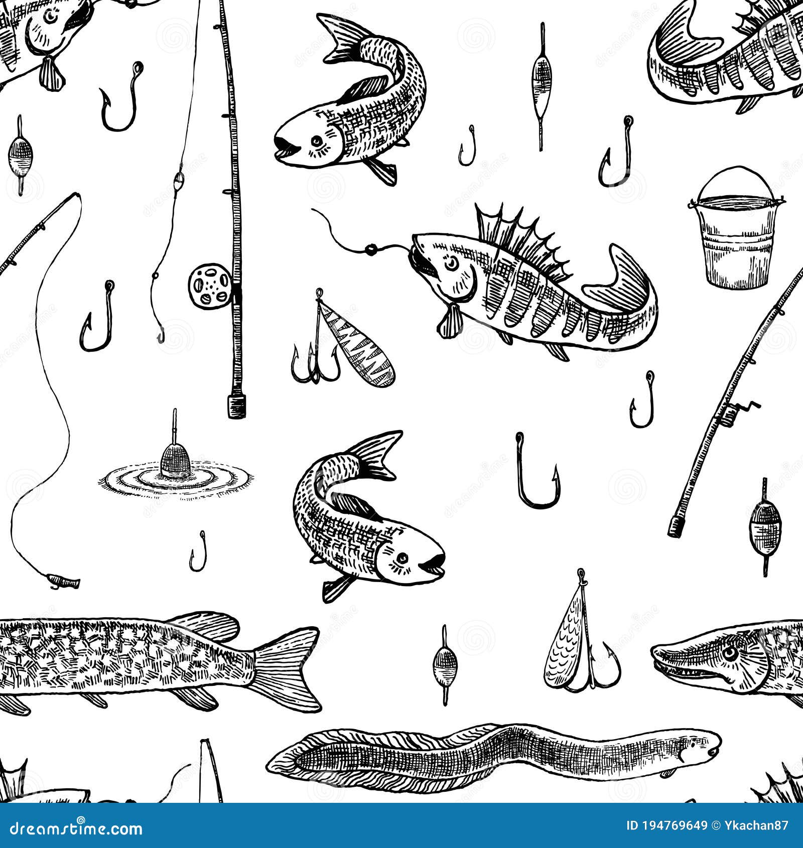 Doodle Vector Seamless Pattern. Fishing Illustration Stock Vector ...