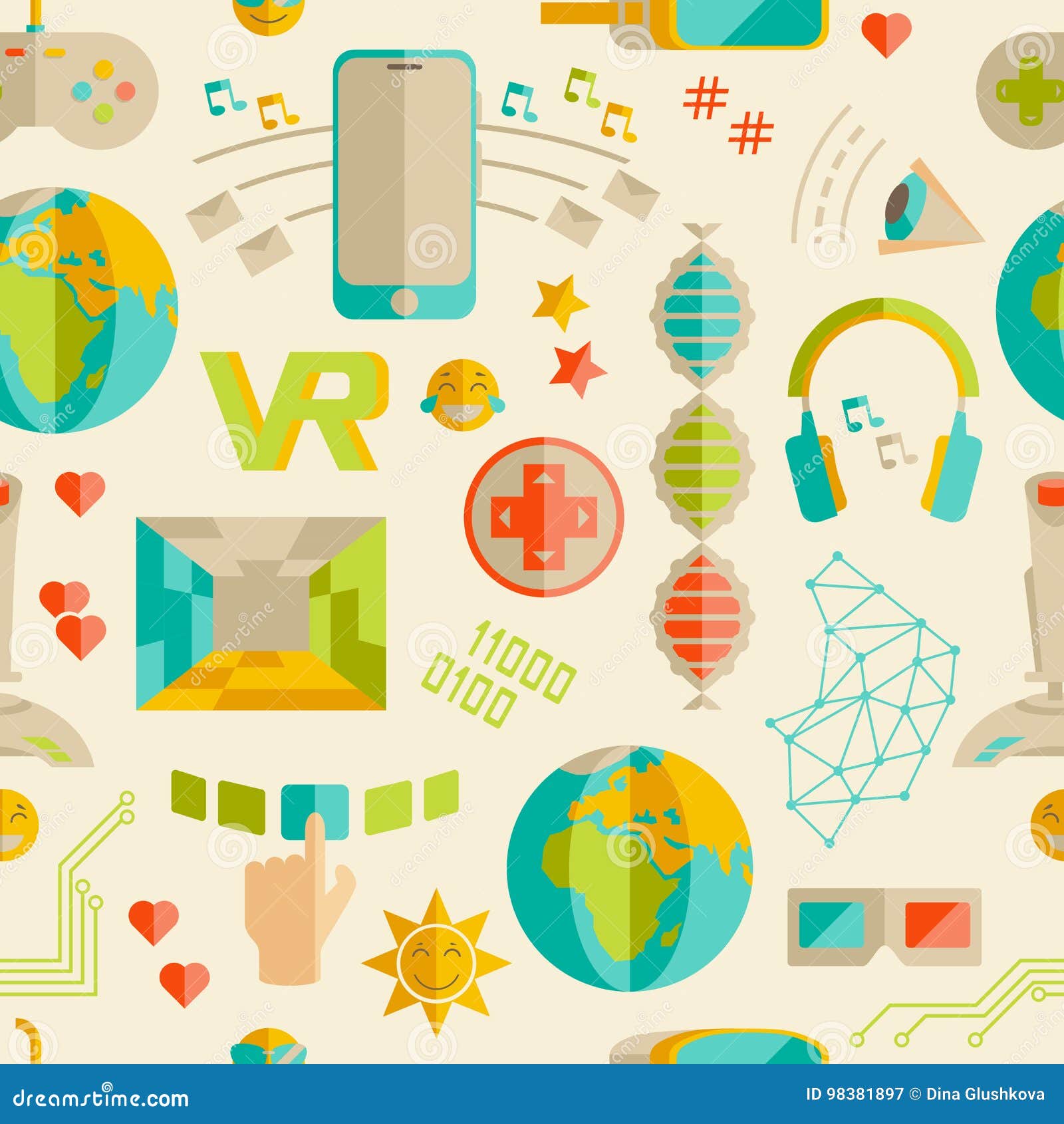 Doodle Vector Seamless Pattern with Virtual Reality and Innovati Stock ...